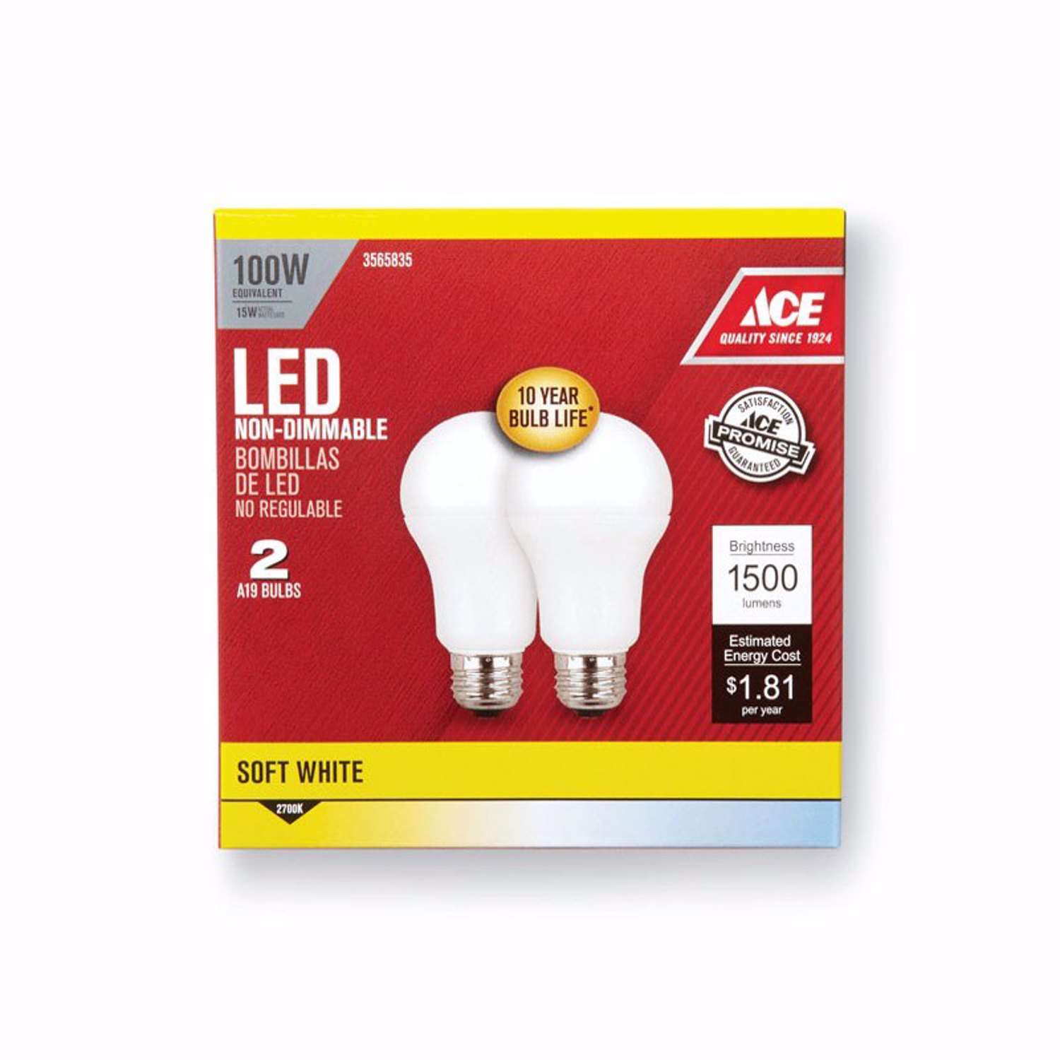 Ace A19 E26 (Medium) LED Bulb Soft White 100 Watt Equivalence 2 pk ...