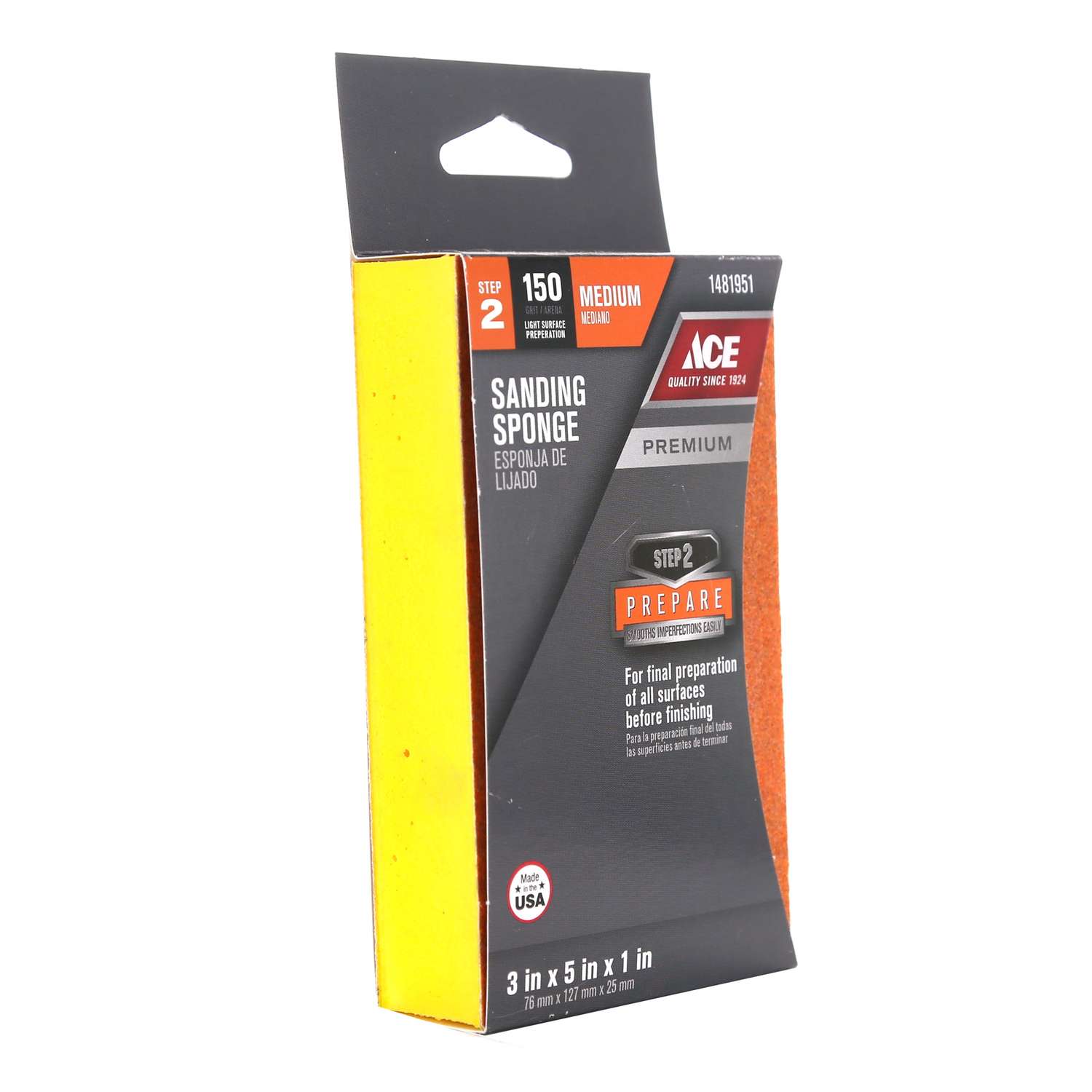 Ace 5 in. L X 5 in. W X 1 in. 150 Grit Fine Block Sanding Sponge - Ace ...