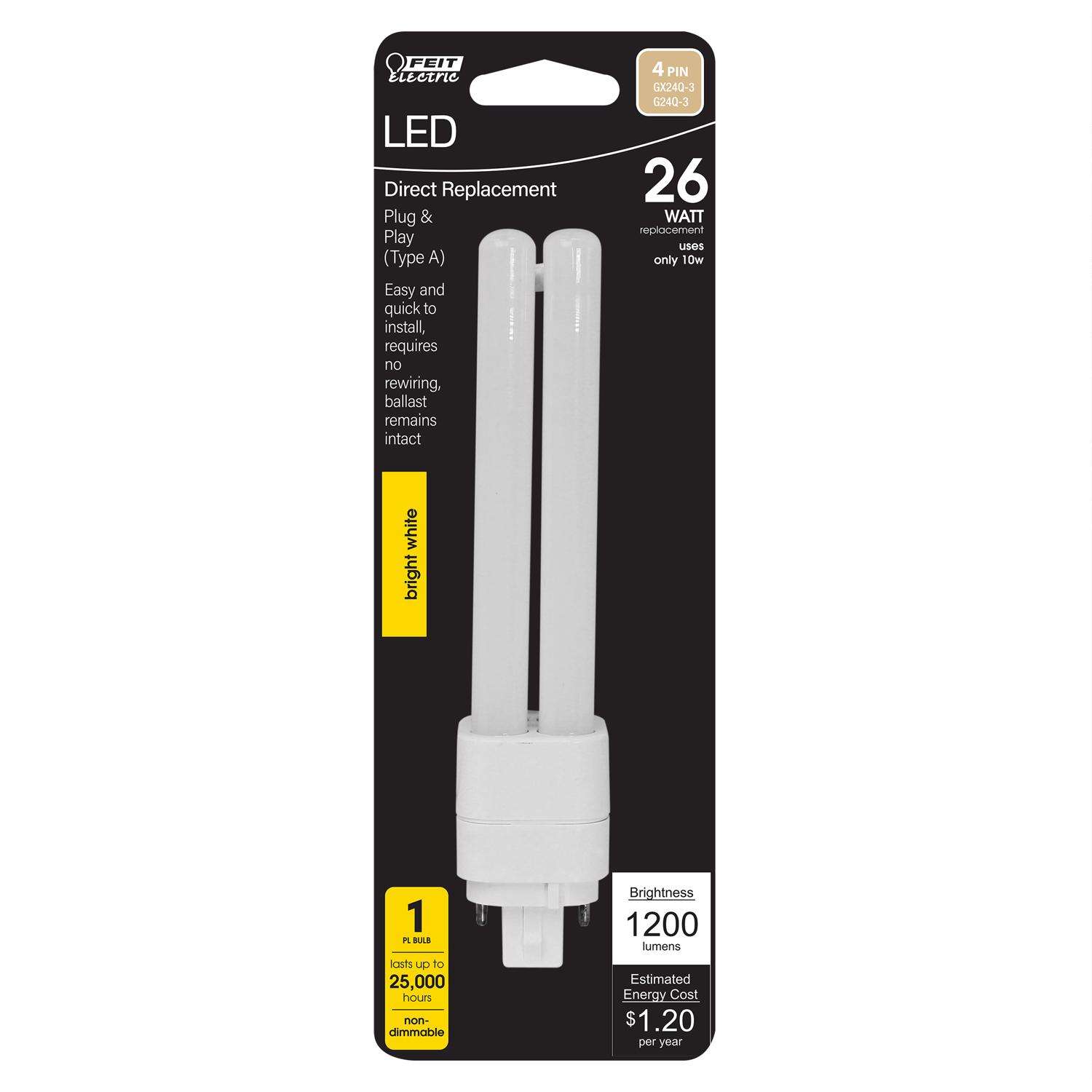 Feit PL GX24Q-3 4-Pin LED Tube Light Neutral White 26 Watt Equivalence ...