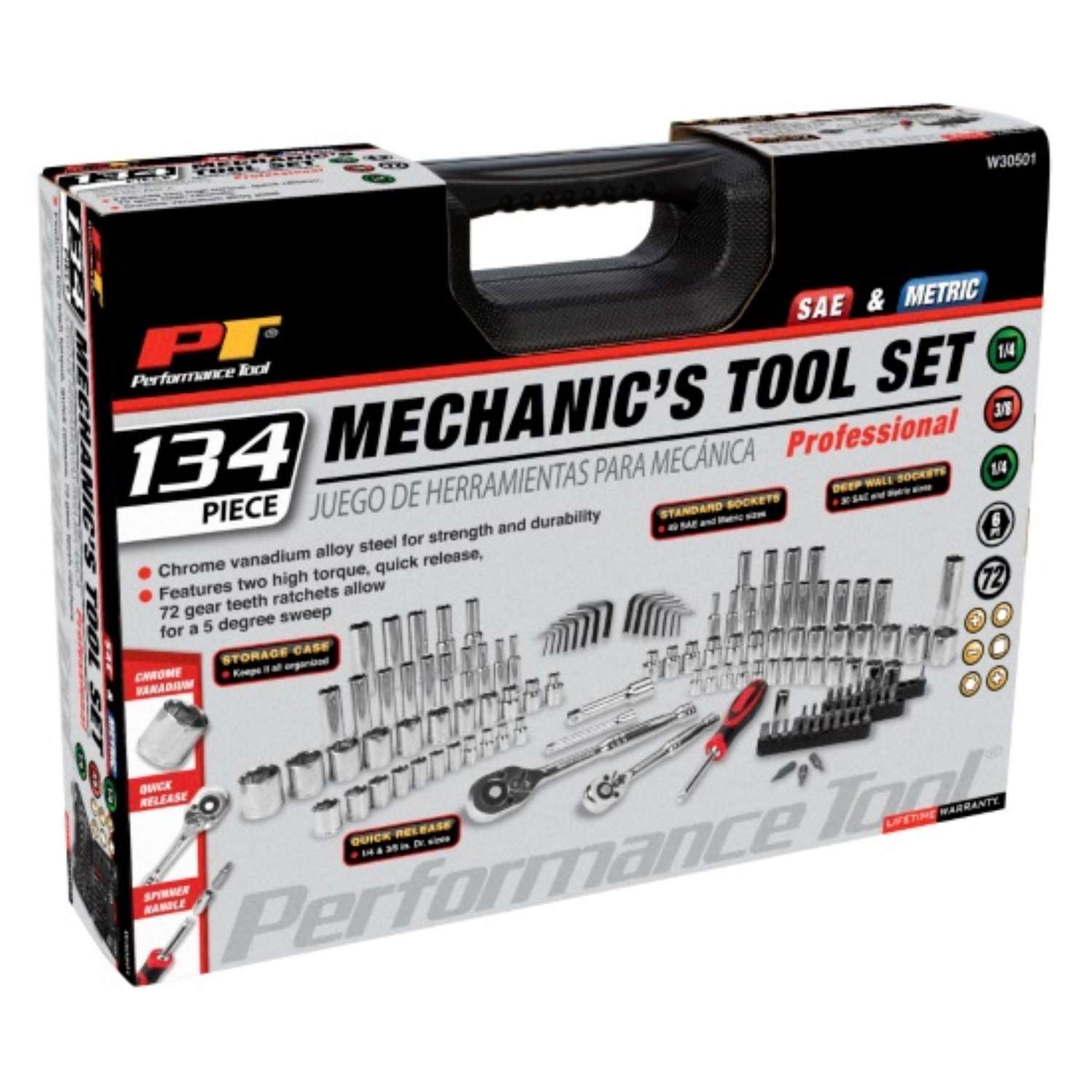Performance Tool 1/4 in. drive Metric/SAE Mechanic's Tool Set 134 pc ...