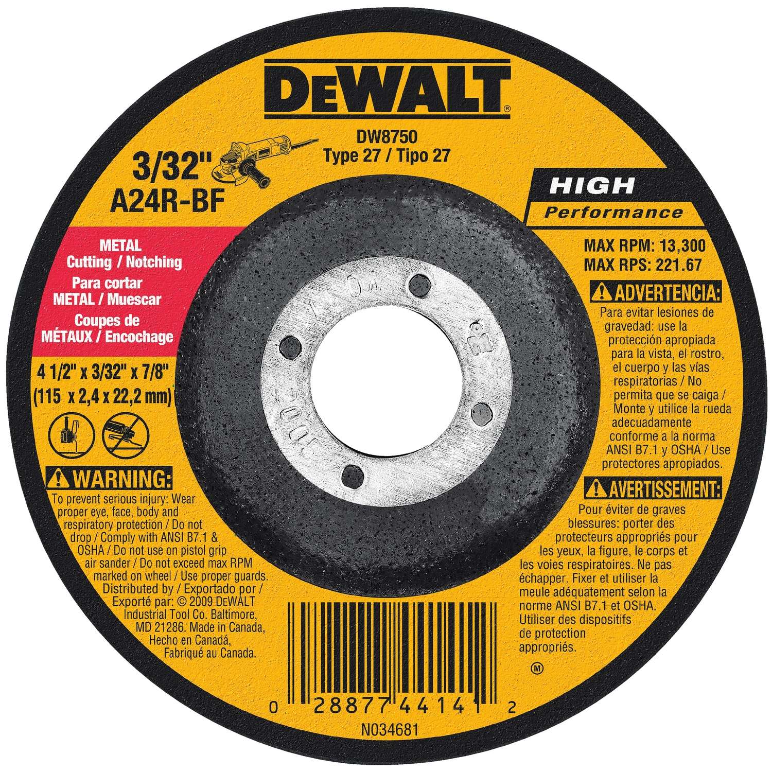 DeWalt 4-1/2 in. Dia. x 7/8 in. in. Aluminum Oxide Metal Cut-Off Wheel ...