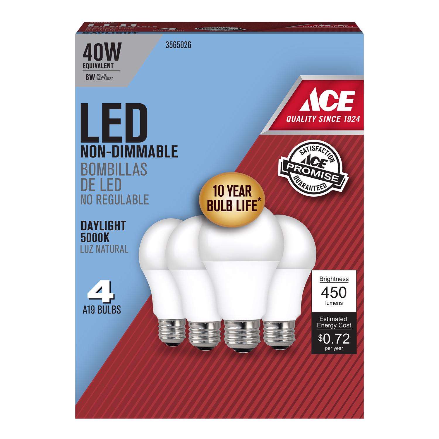 Ace A19 E26 (Medium) LED Bulb Daylight 40 Watt Equivalence 4 pk - Ace ...