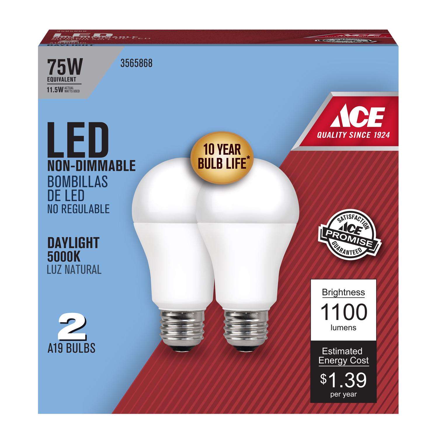 Ace A19 E26 (Medium) LED Bulb Daylight 75 Watt Equivalence 2 pk - Ace ...