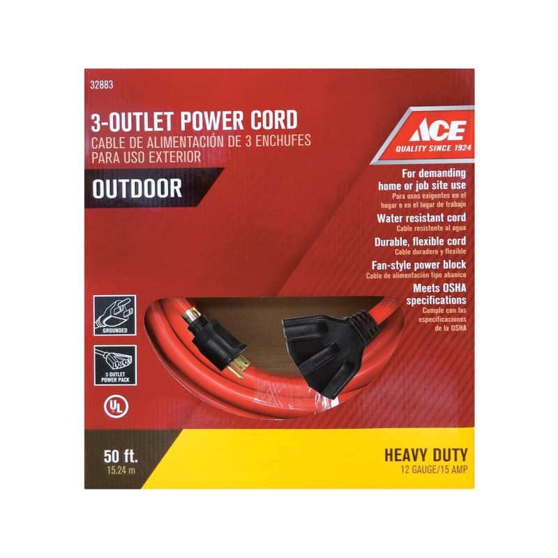 Ace Indoor or Outdoor 50 ft. L Orange Triple Outlet Cord 12/3 STW - Ace ...