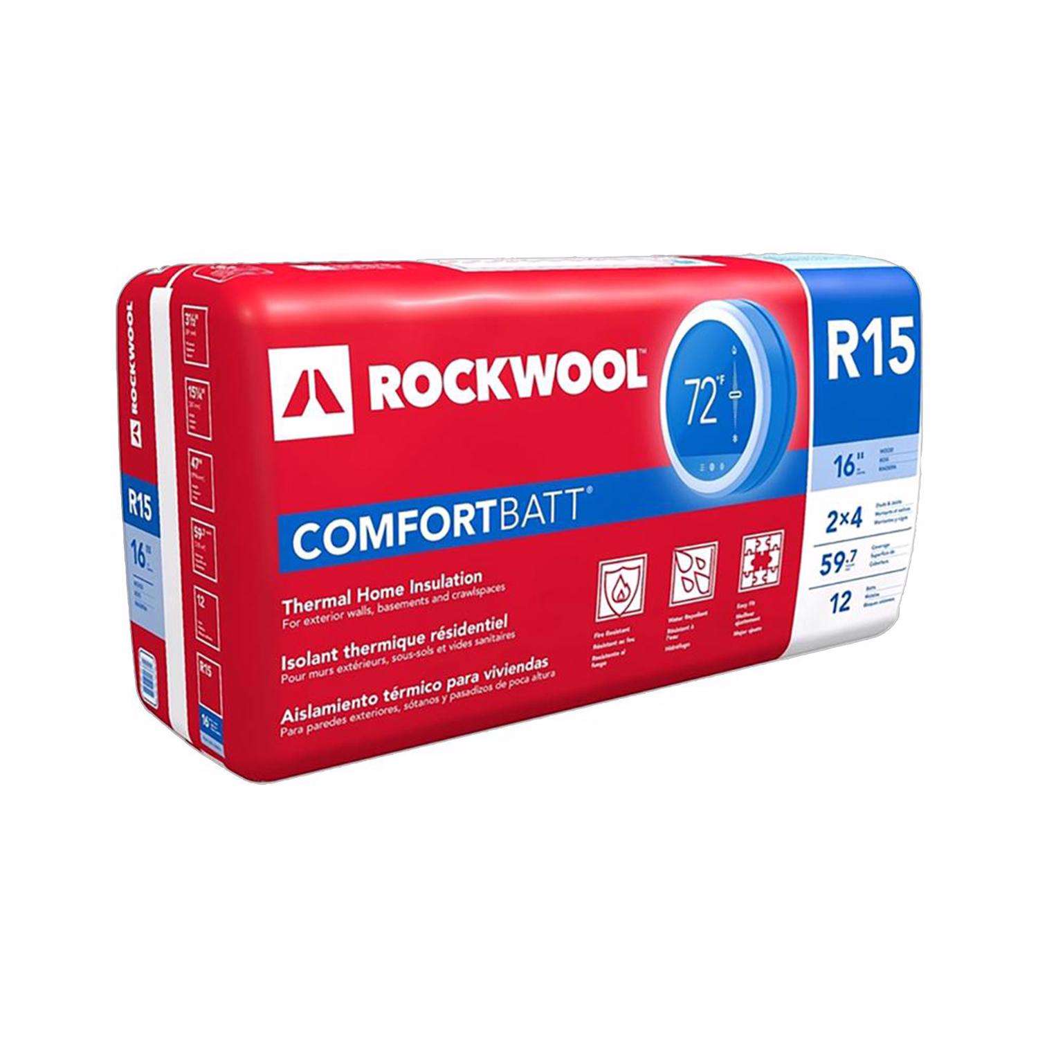 Rockwool ComfortBatt 15.25 in. W X 47 in. L R15 Unfaced Insulation Batt ...