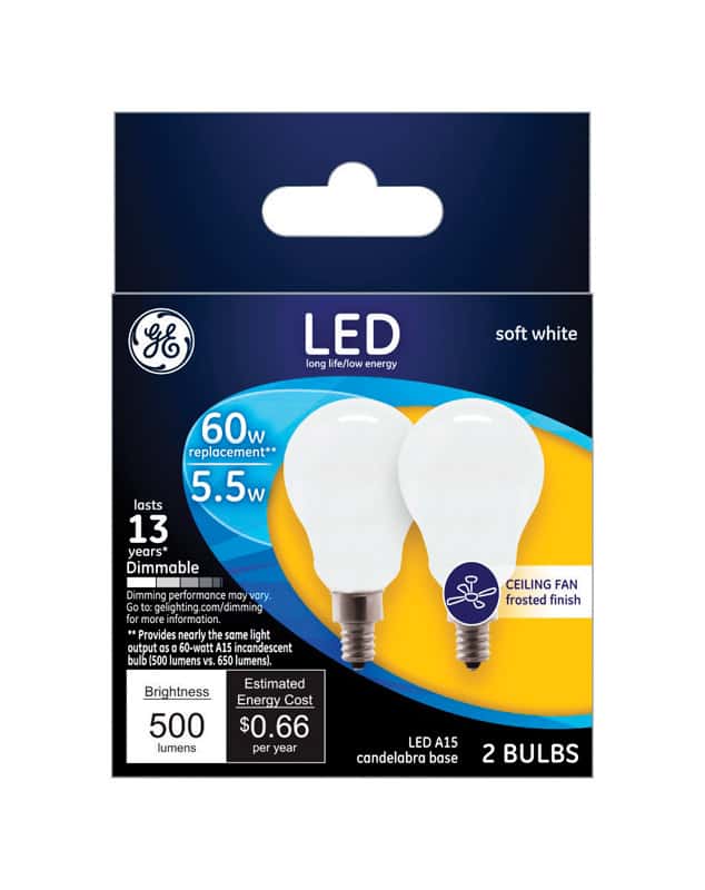 GE A15 E12 (Candelabra) LED Bulb Soft White 60 Watt Equivalence 2 pk ...