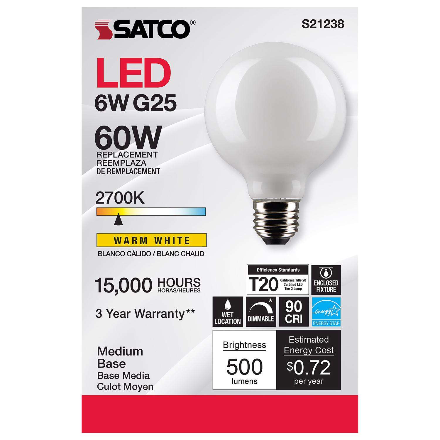 Satco G25 E26 (Medium) Filament LED Bulb Warm White 60 Watt Equivalence ...