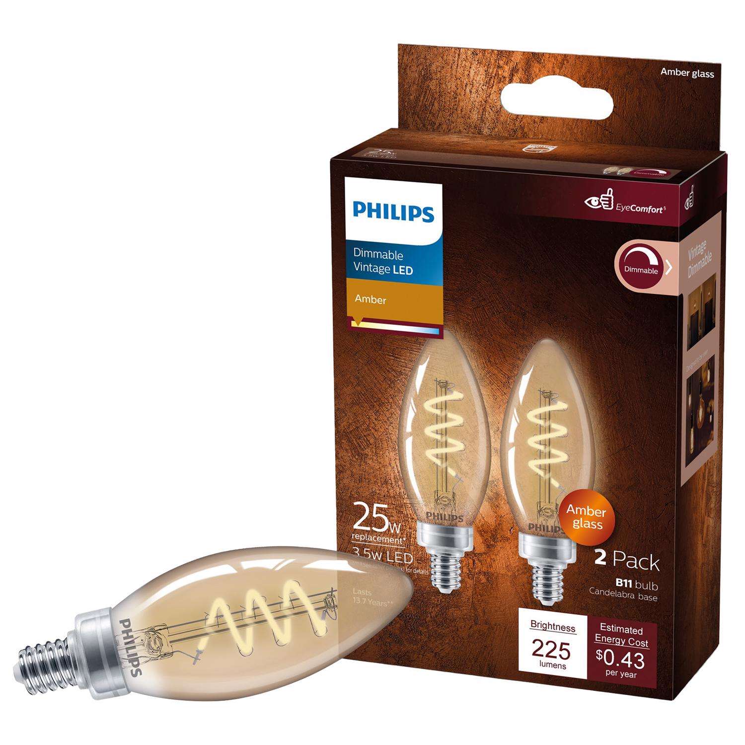 Philips B11 E12 (Candelabra) LED Bulb Amber 25 Watt Equivalence 2 pk ...