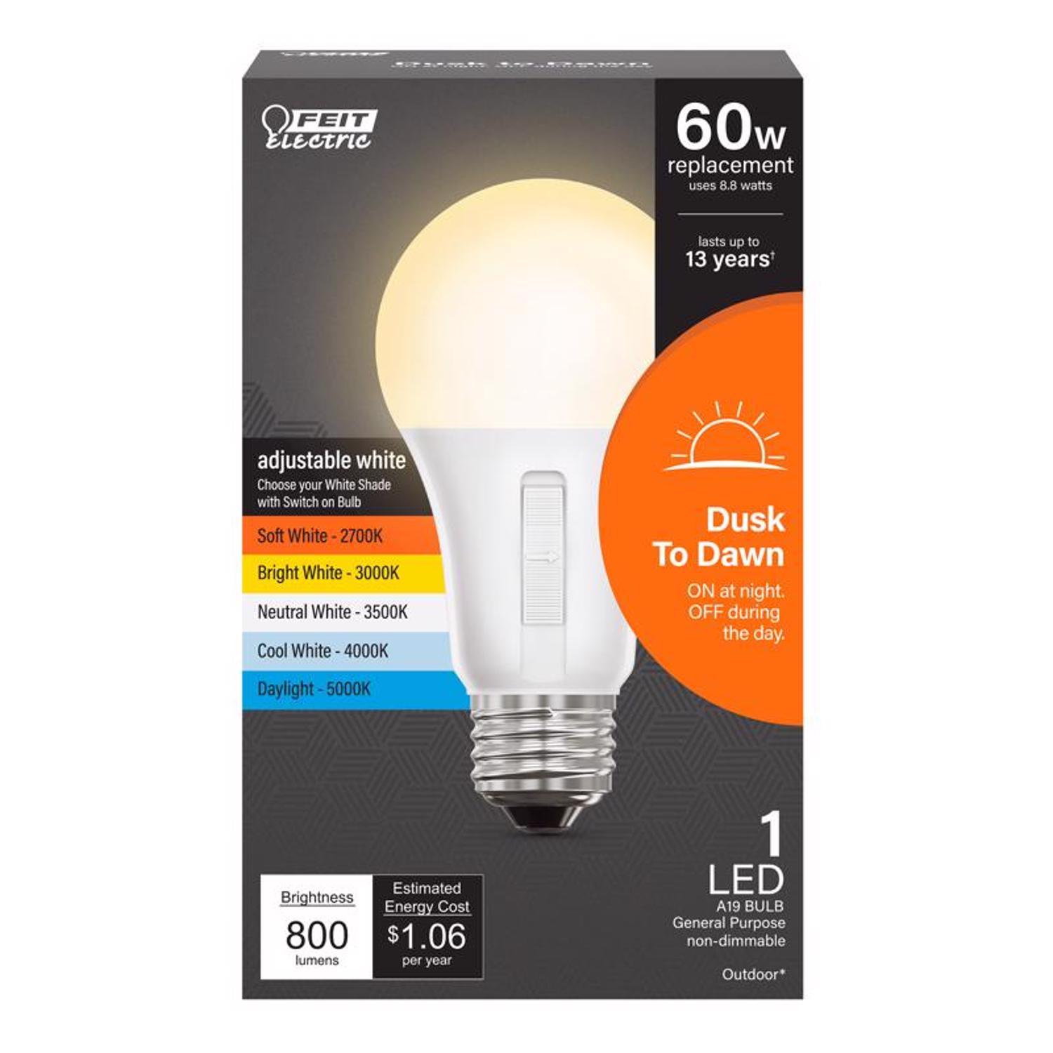 Feit A19 E26 (Medium) LED Dusk to Dawn Bulb Adjustable White 60 Watt ...