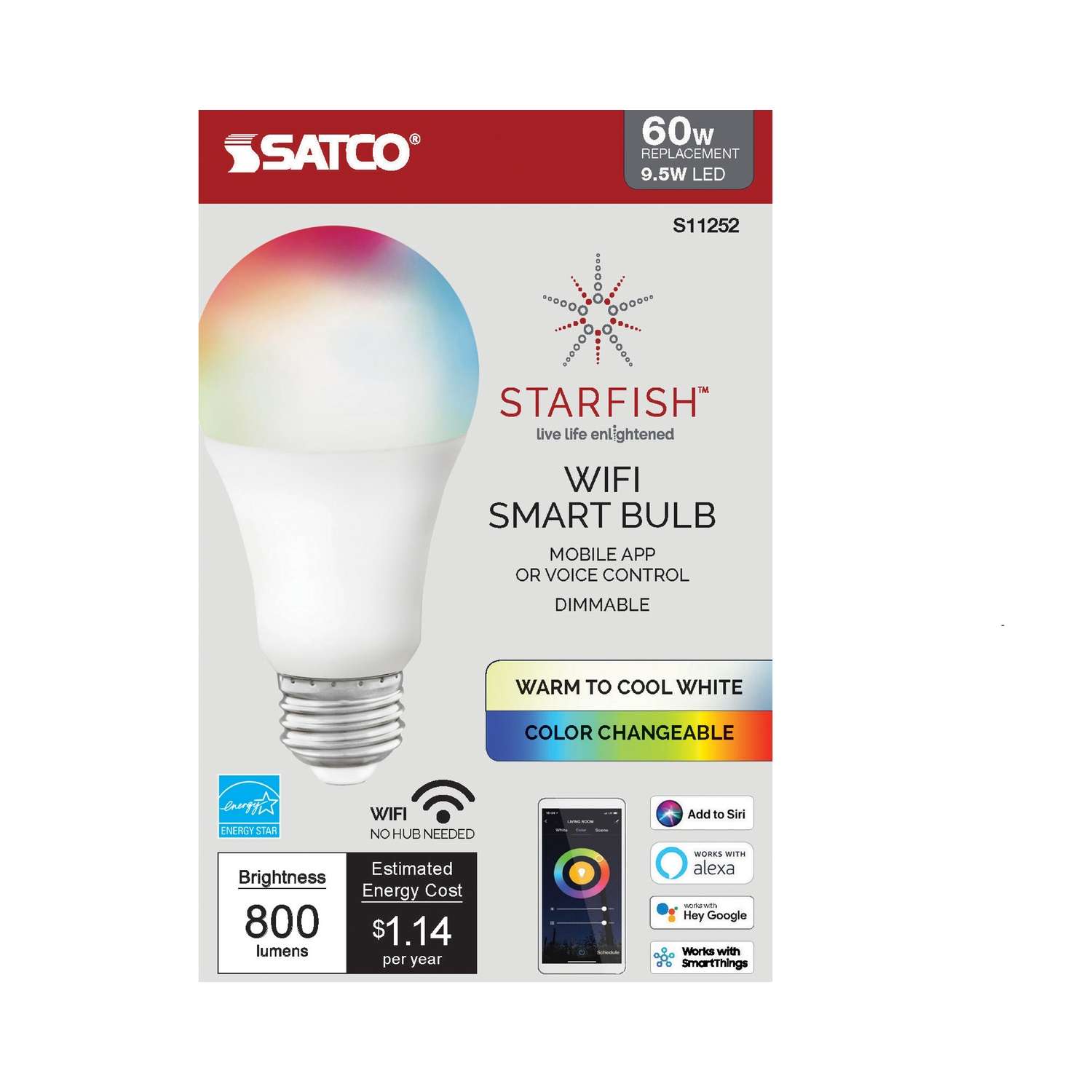 Satco Starfish A19 E26 (Medium) LED Smart Bulb Tunable White/Color Changing 60 Watt Equivalence ...