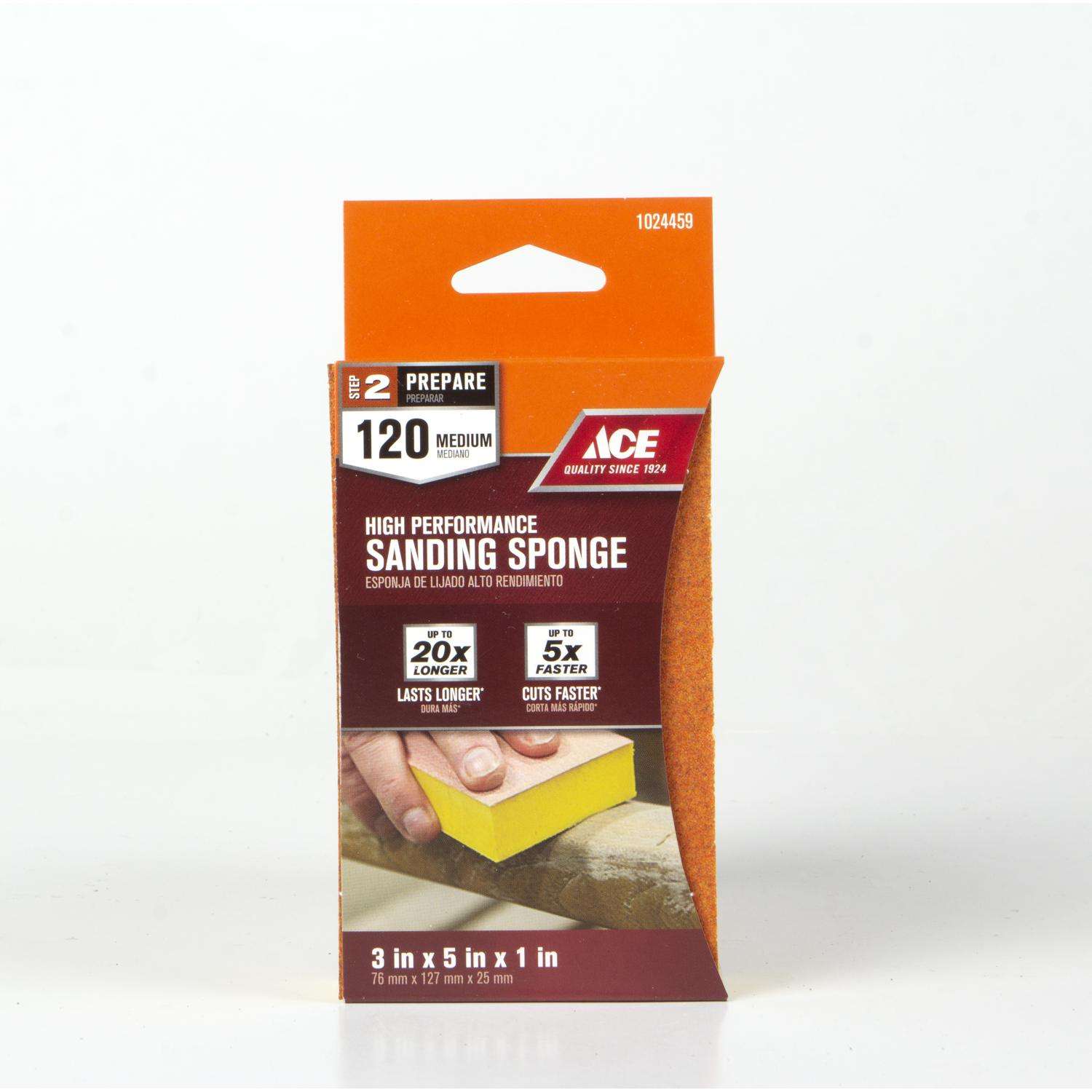 Ace 5 in. L X 3 in. W X 1 in. 120 Grit Fine 2-Sided Sanding Sponge ...