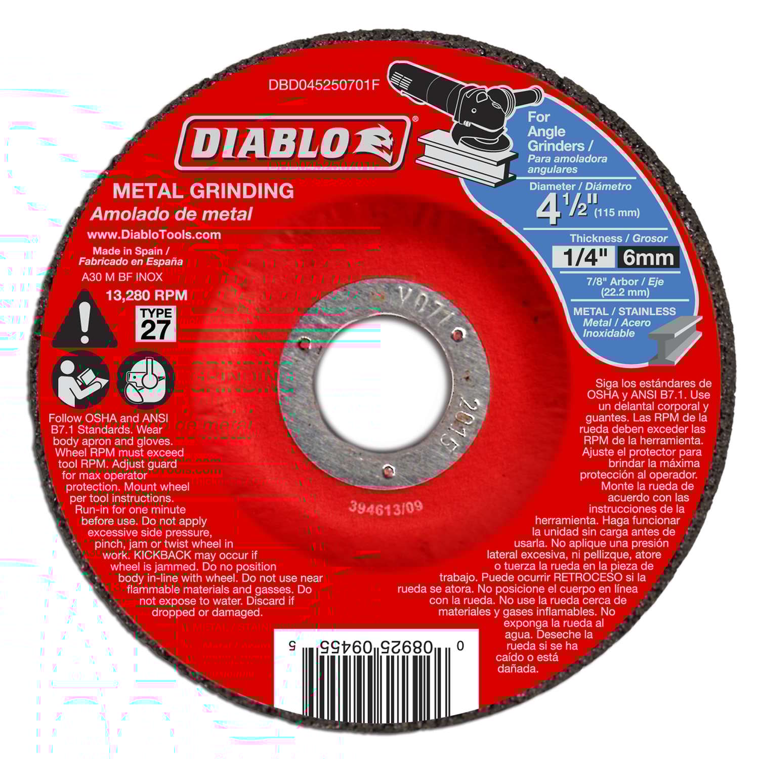 Diablo 4-1/2 in. D X 7/8 in. Aluminum Oxide Metal Grinding Disc 1 pc ...