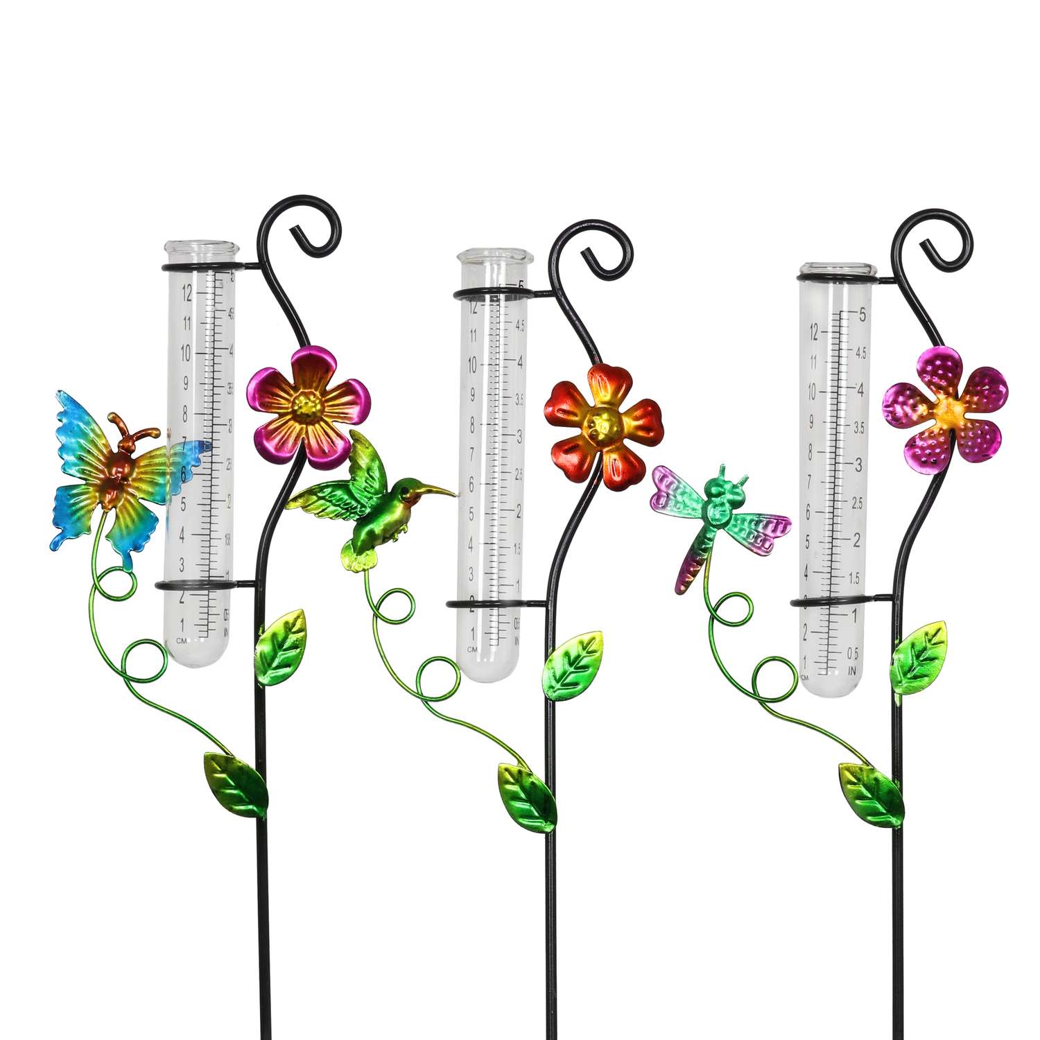 Exhart Assorted Glass/Metal 14 in. H Flower Rain Gauge Garden Stake ...