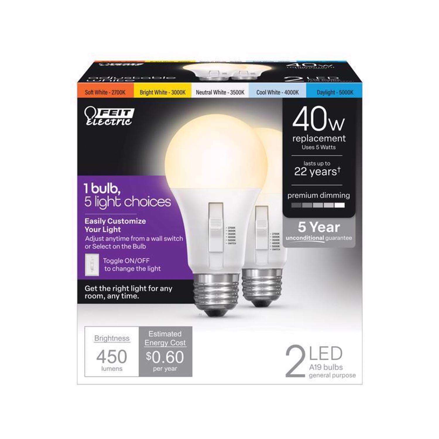 Feit LED A19 E26 (Medium) LED Bulb Color Changing 40 Watt Equivalence 2 ...