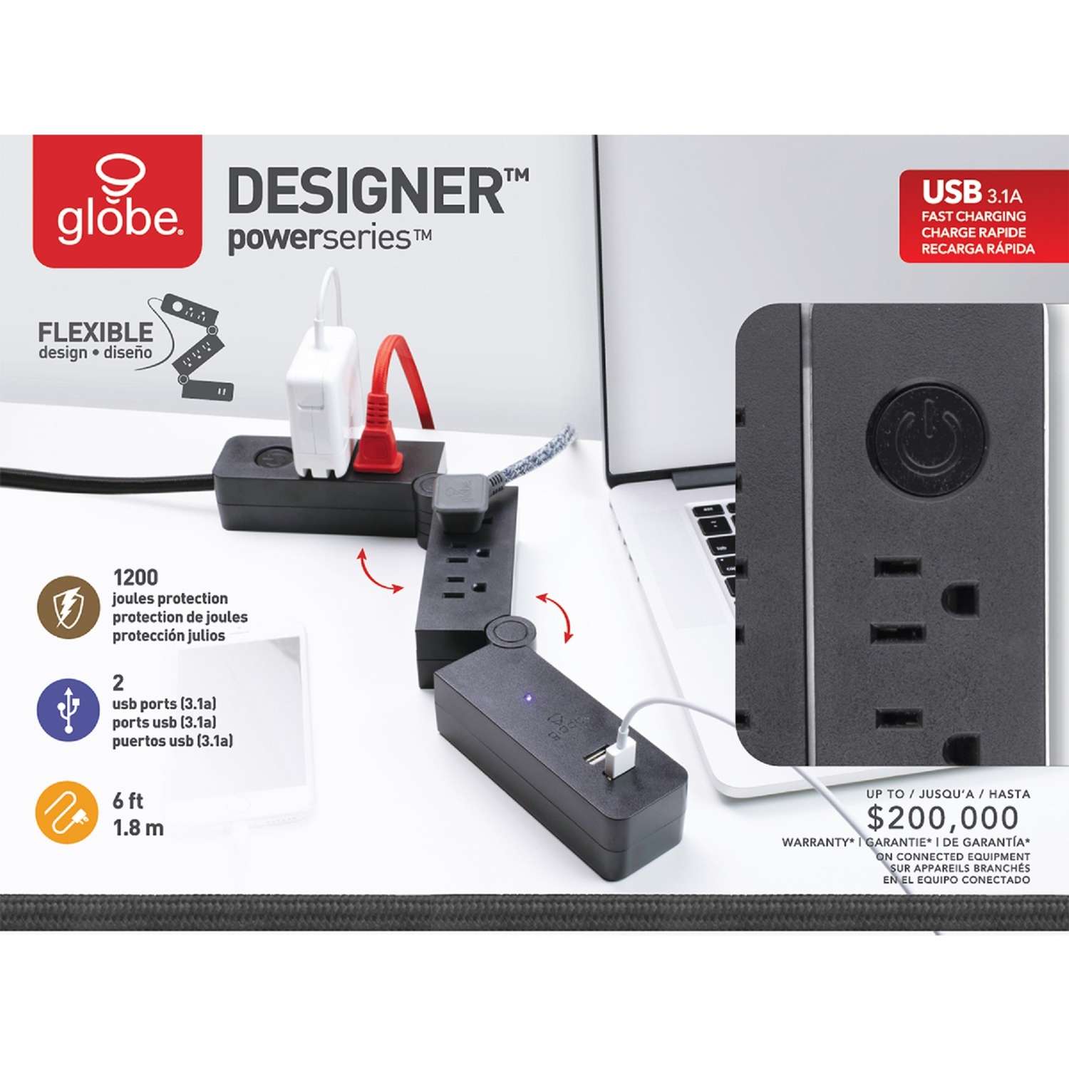 Globe Electric Designer Series 6 ft. L 5 outlets Power Strip with USB ...