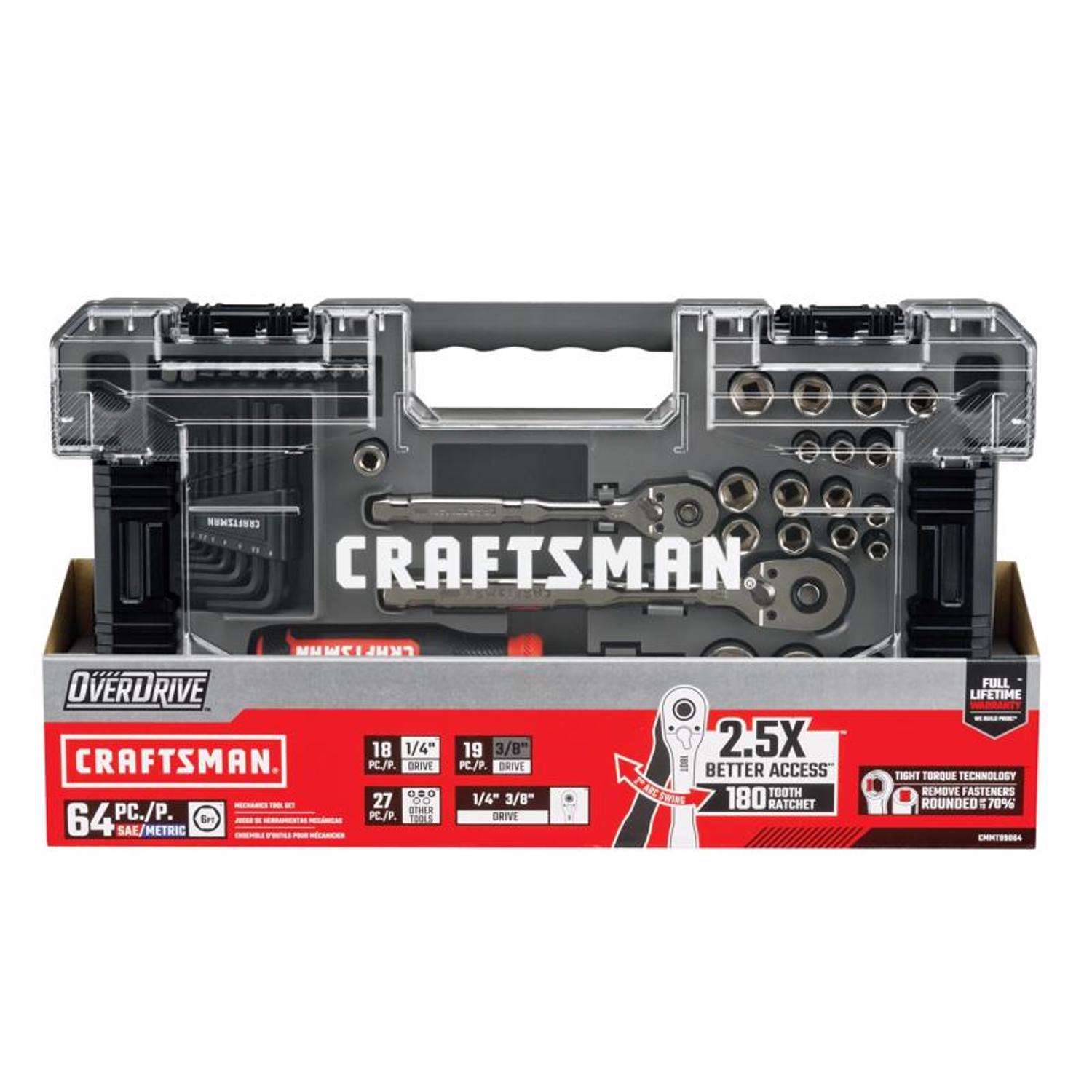 Craftsman Overdrive 1/4 and 3/8 in. drive Metric/SAE 6 Point Mechanic's Tool Set 64 pc - Ace ...