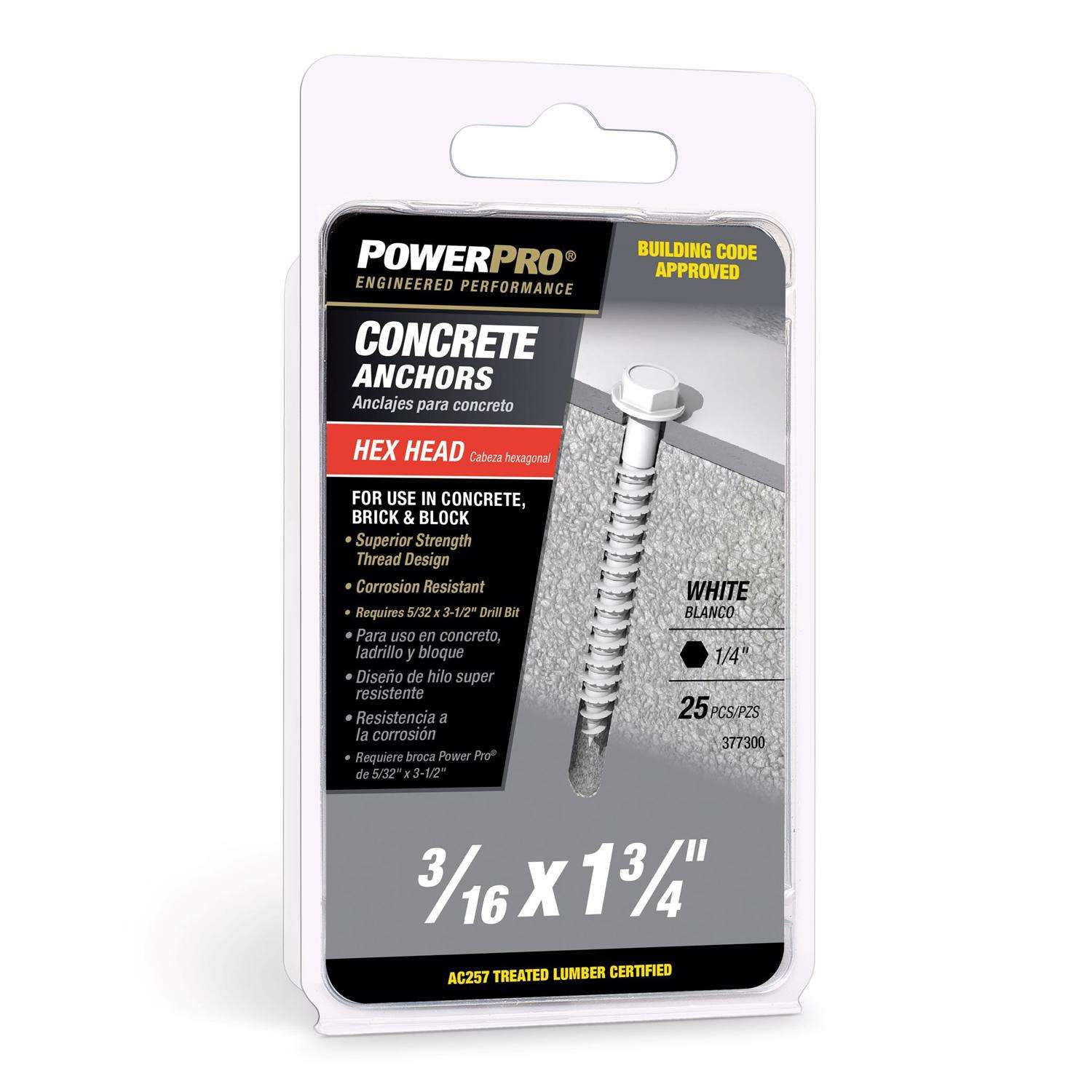Power Pro 3/16 in. D X 1-3/4 in. L Carbon Steel Hex Head Concrete Screw ...