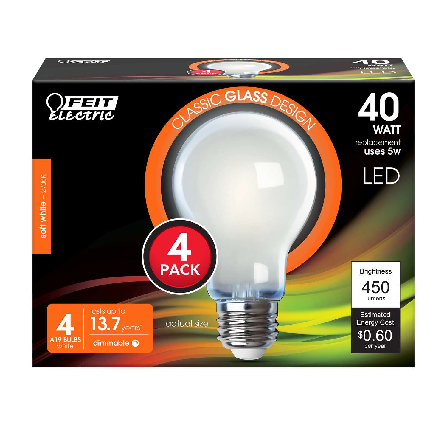 FEIT Electric A19 E26 (Medium) Filament LED Bulb Soft White 40 Watt ...