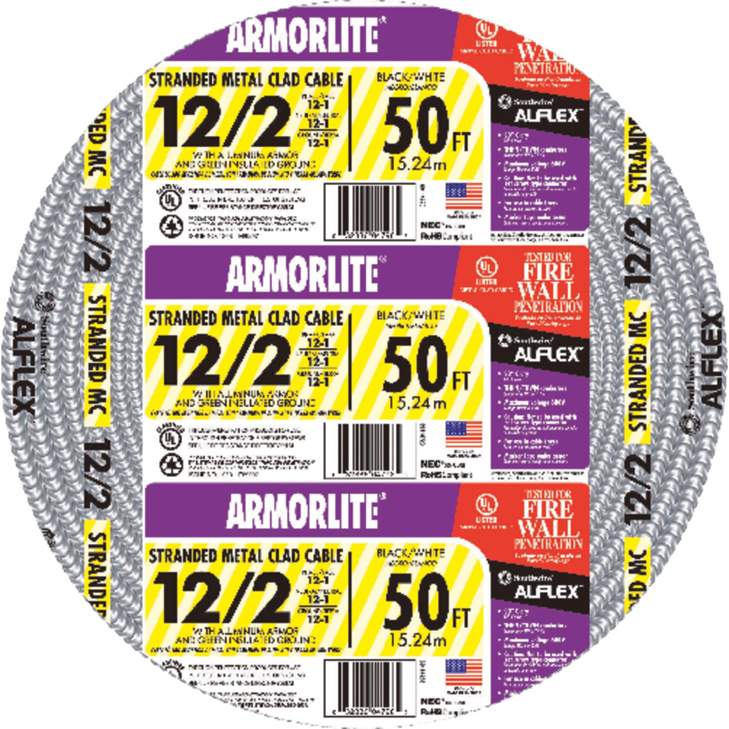 Southwire 50 ft. 12/2 Stranded Aluminum Armored MC Metal Clad Cable ...