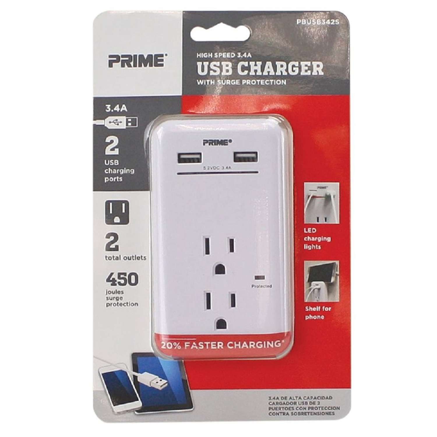 Prime 2 outlets Surge Protector with USB Port White 450 J - Ace Hardware