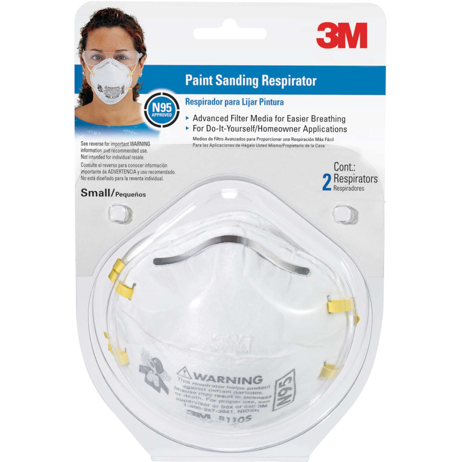 3M N95 Paint Sanding Disposable Particulate Respirator White S 2 pk ...