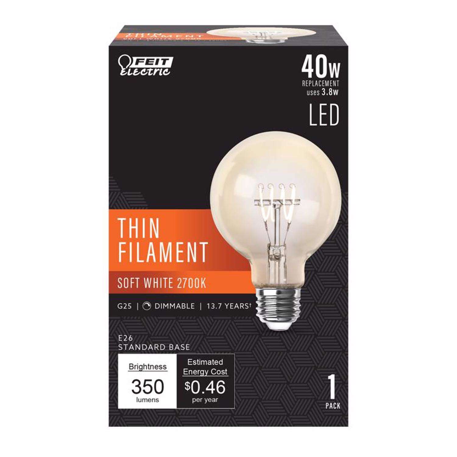 Feit LED Filament G25 E26 (Medium) Filament LED Bulb Soft White 40 Watt ...