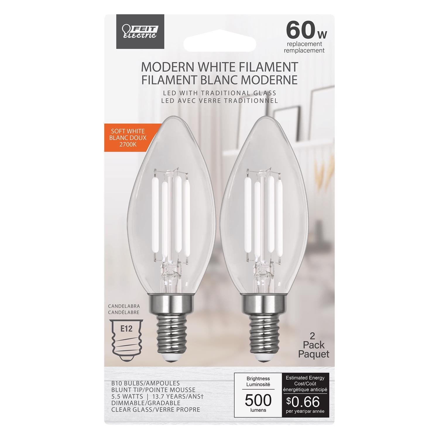 Feit White Filament BA10 E12 (Candelabra) Filament LED Bulb Soft White ...