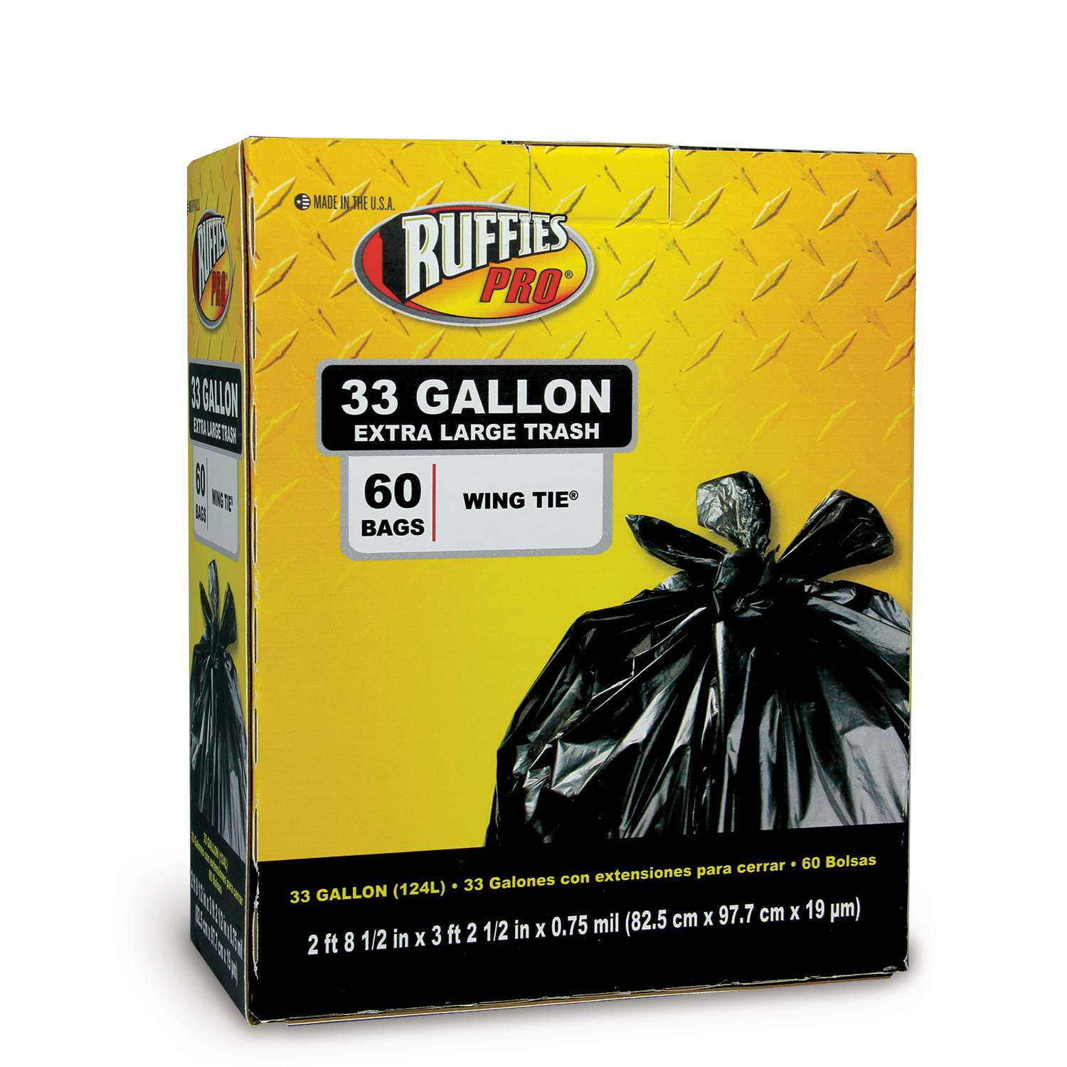 Ruffies Pro 33 gal Trash Bags Wing Ties 60 pk 0.75 mil Mfr# 1124904 ...