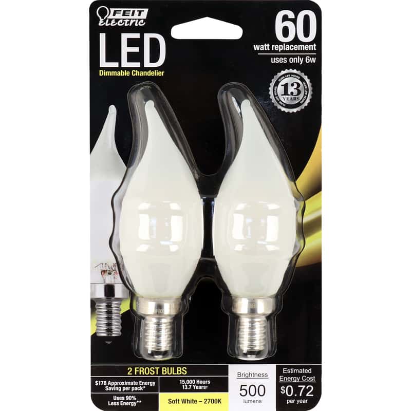 Feit Electric CA10 E12 (Candelabra) LED Bulb Soft White 60 Watt Equivalence 2 pk - Ace Hardware