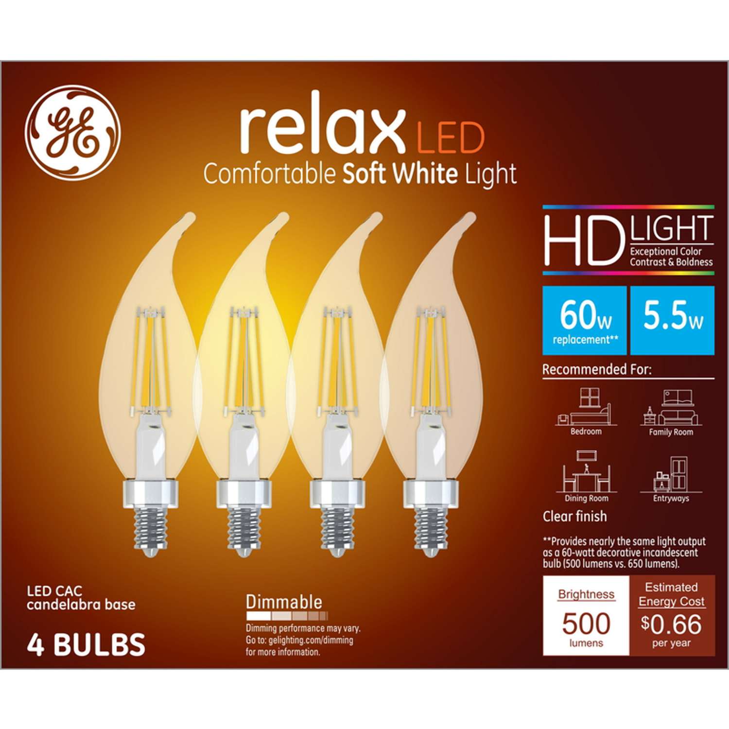 GE Relax CAC E12 (Candelabra) LED Bulb Soft White 60 Watt Equivalence 4 ...