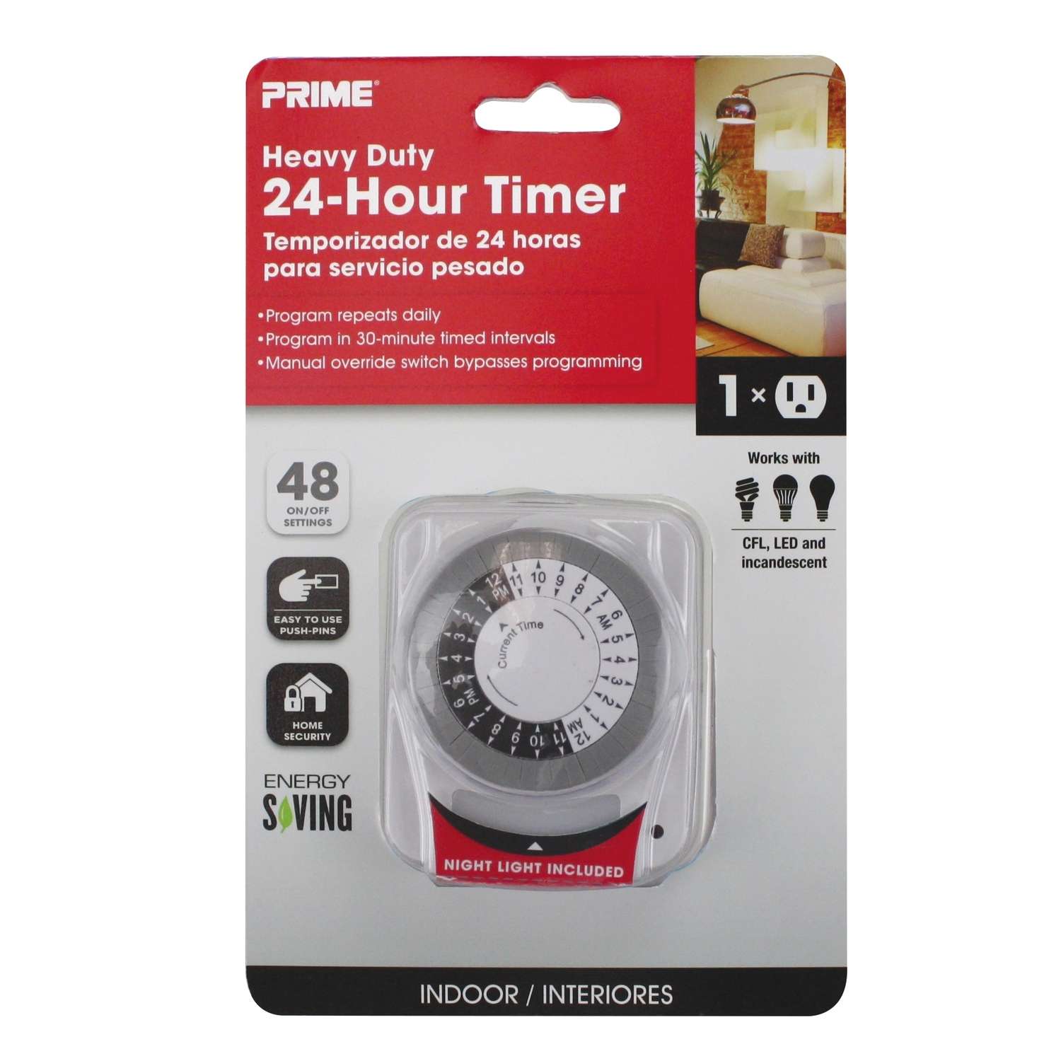 Prime Indoor 24 Hour Mechanical Timer with Nightlight and Grounded ...