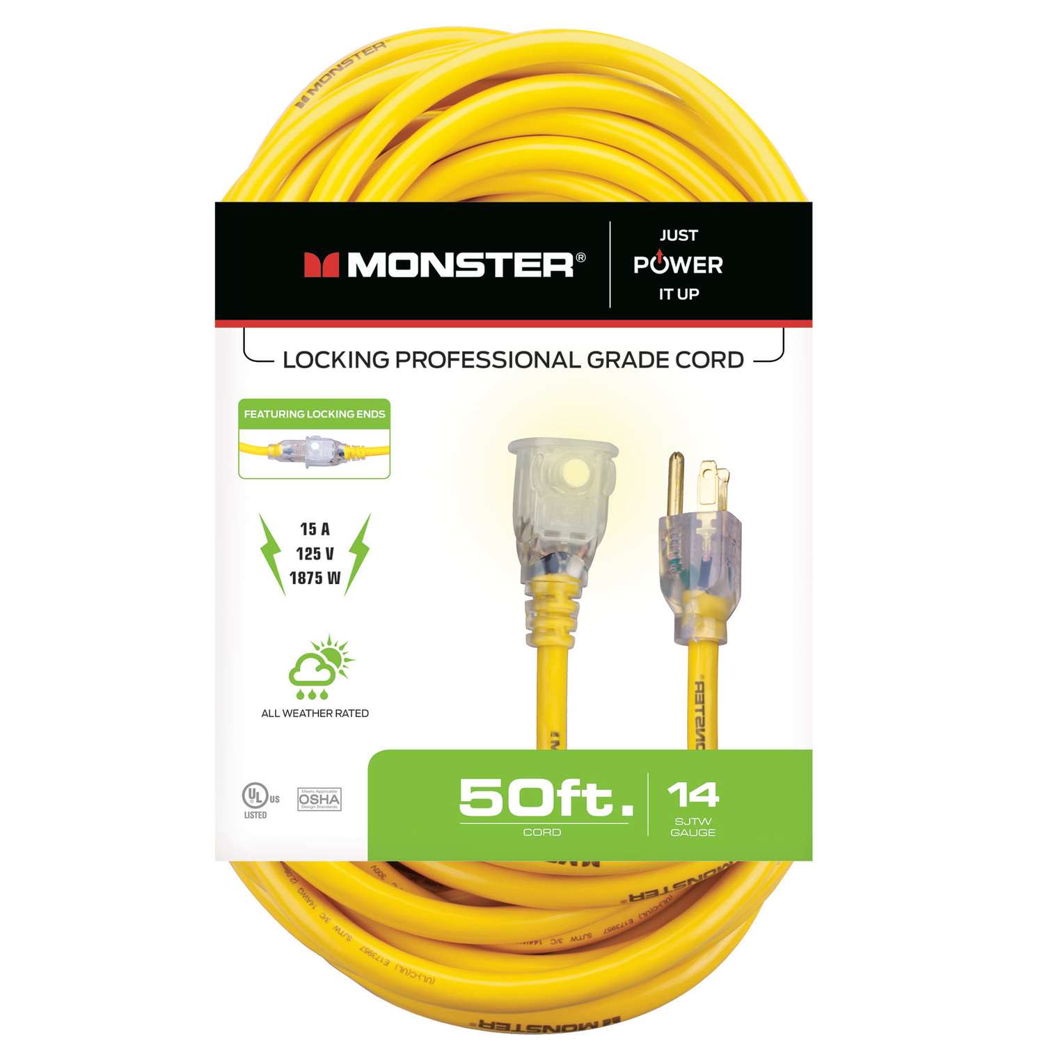 Monster Just Power It Up Outdoor 50 ft. L Yellow Extension Cord 14/3 ...