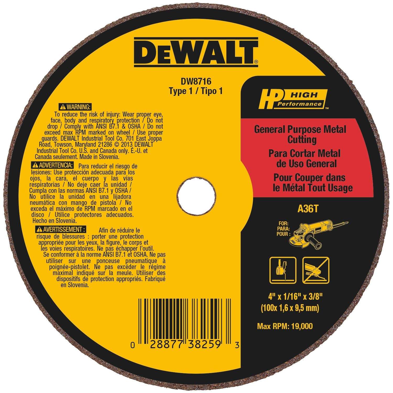 DeWalt High Performance 4 in. Dia. x 3/8 in. Aluminum Oxide Cut-Off ...