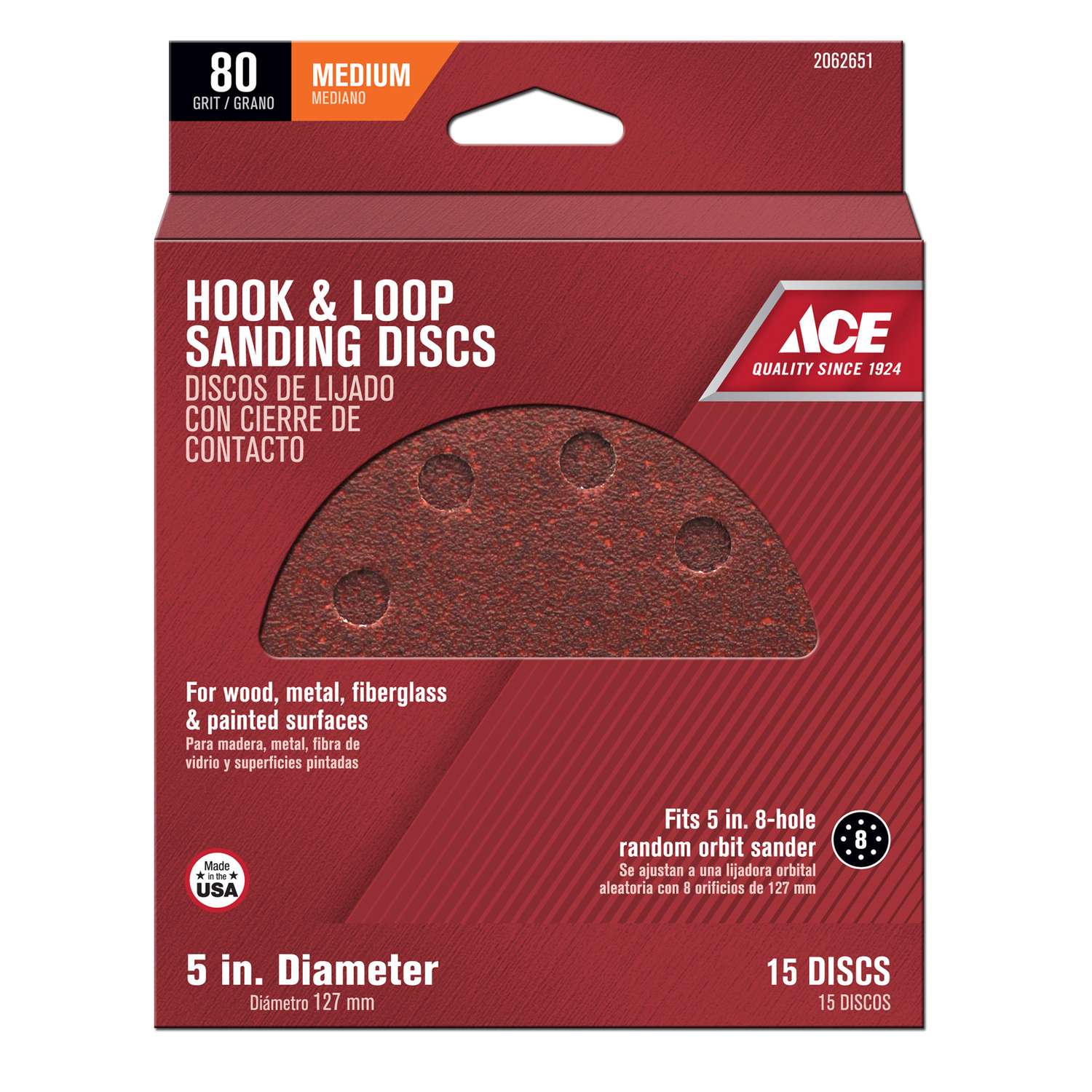 Ace 5 in. Aluminum Oxide Hook and Loop Sanding Disc 80 Grit Medium 15 ...