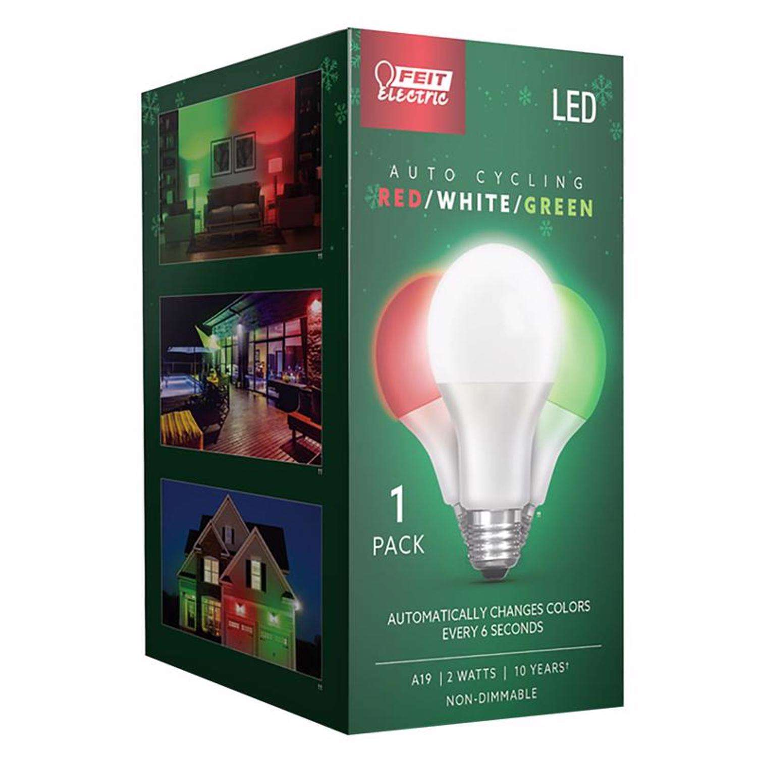 Feit A19 E26 (Medium) Auto Cycling LED Bulb Green/Red/White 2 Watt ...