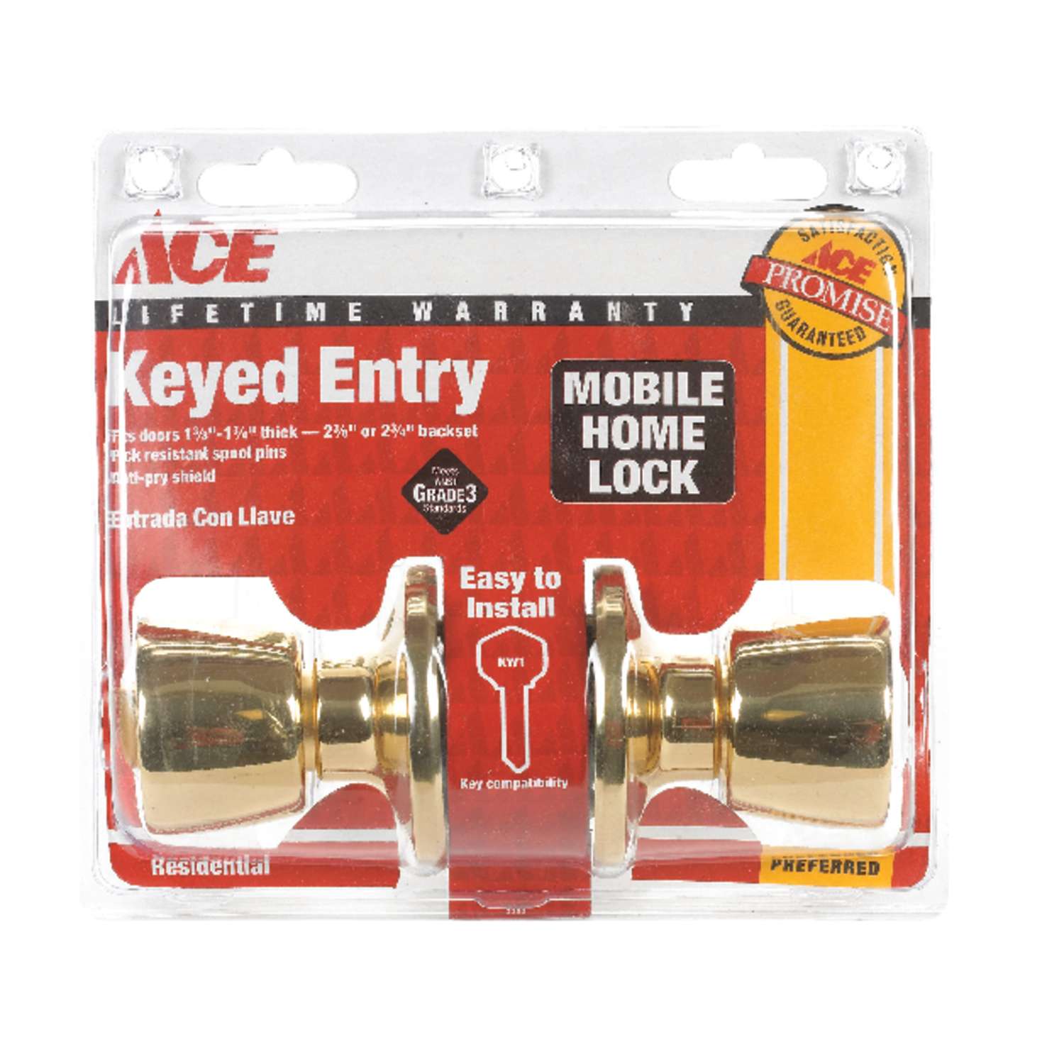 Ace Mobile Home Polished Brass Entry Lockset ANSI/BHMA Grade 3 1-3/4 in ...