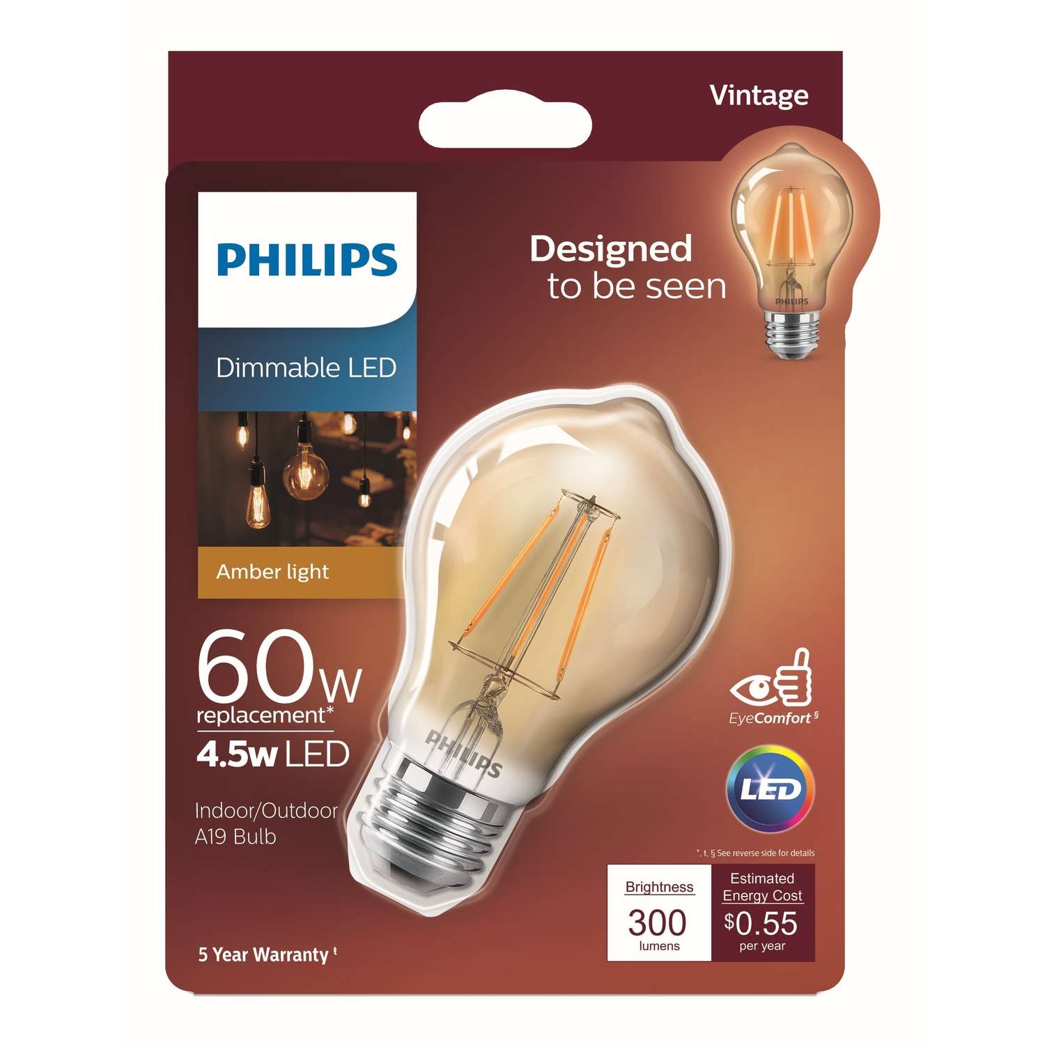 Philips A19 E26 (Medium) LED Bulb Amber Warm White 60 Watt Equivalence ...