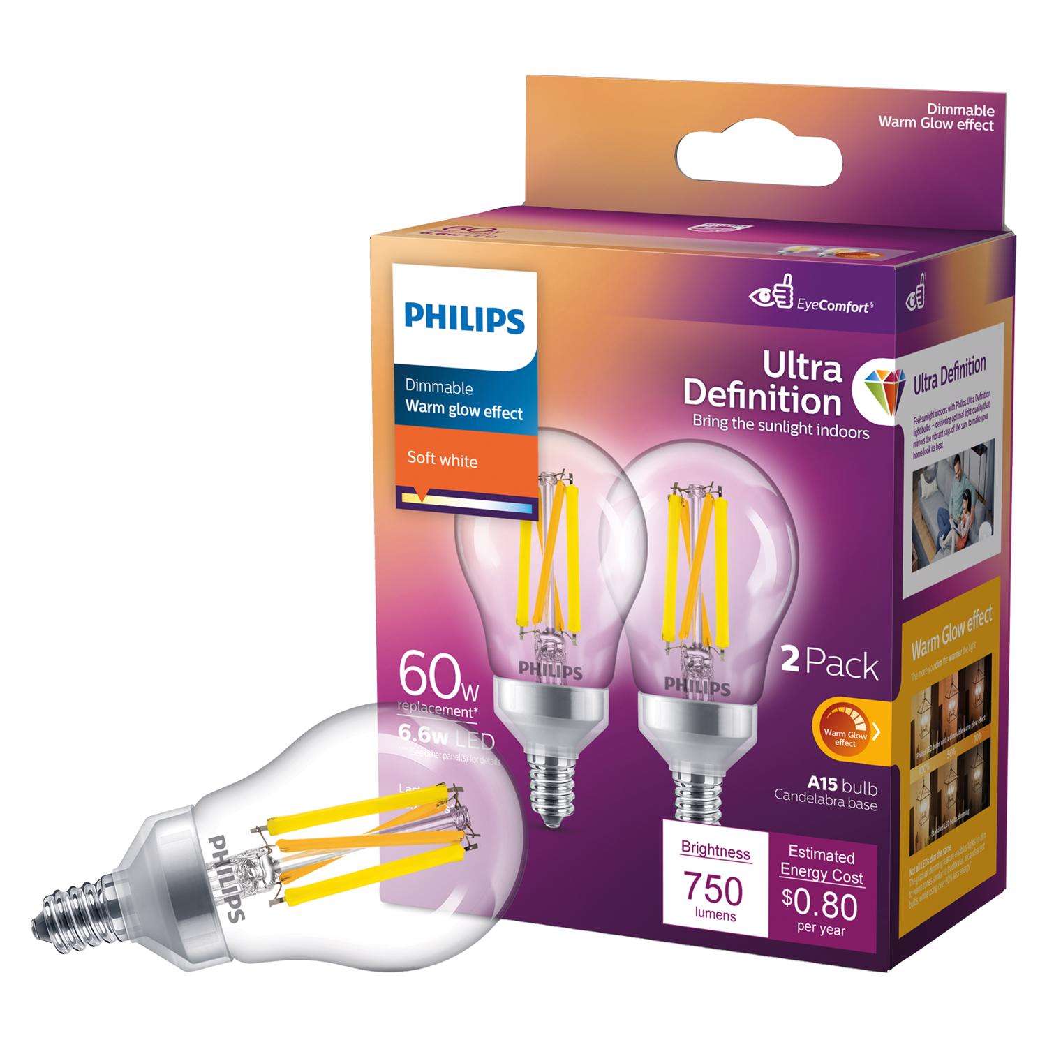 Philips Ultra Definition A15 E12 (Candelabra) LED Bulb Soft White 60 Watt Equivalence 2 pk - Ace ...