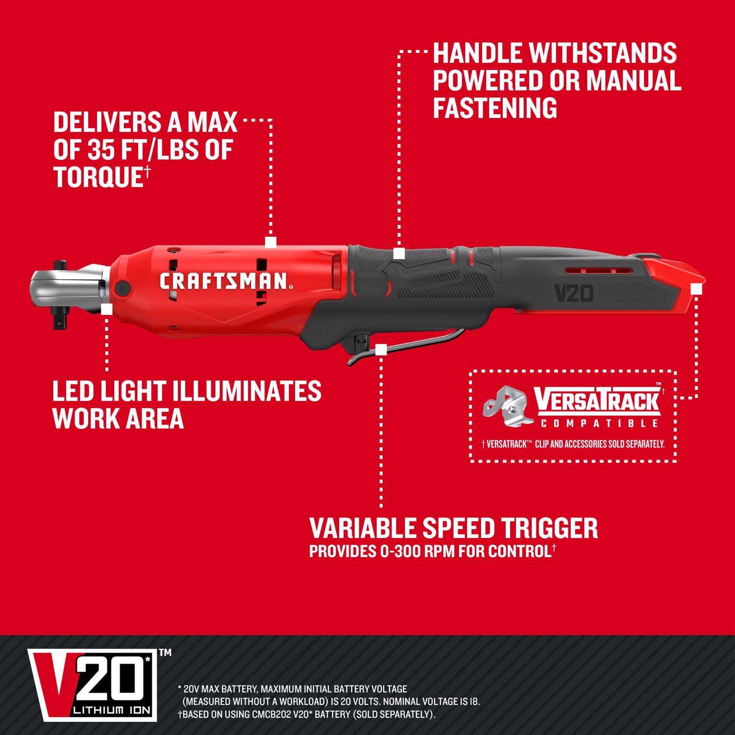 Craftsman V20 Versatrack 1 4 in. Brushed Cordless Ratchet Tool Only Mfr CMCF934B Ace Hardware