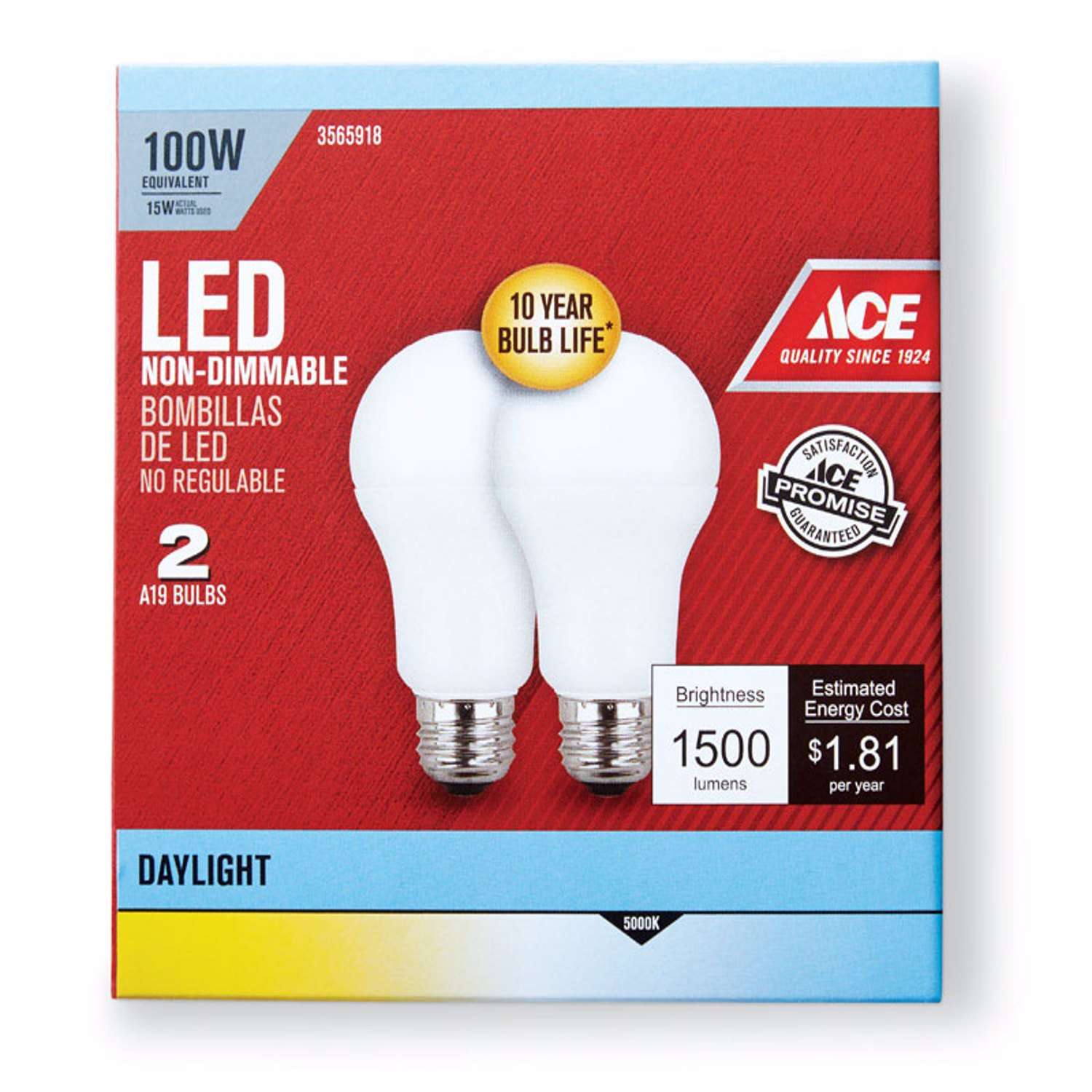 Ace A19 E26 (Medium) LED Bulb Daylight 100 Watt Equivalence 2 pk - Ace ...