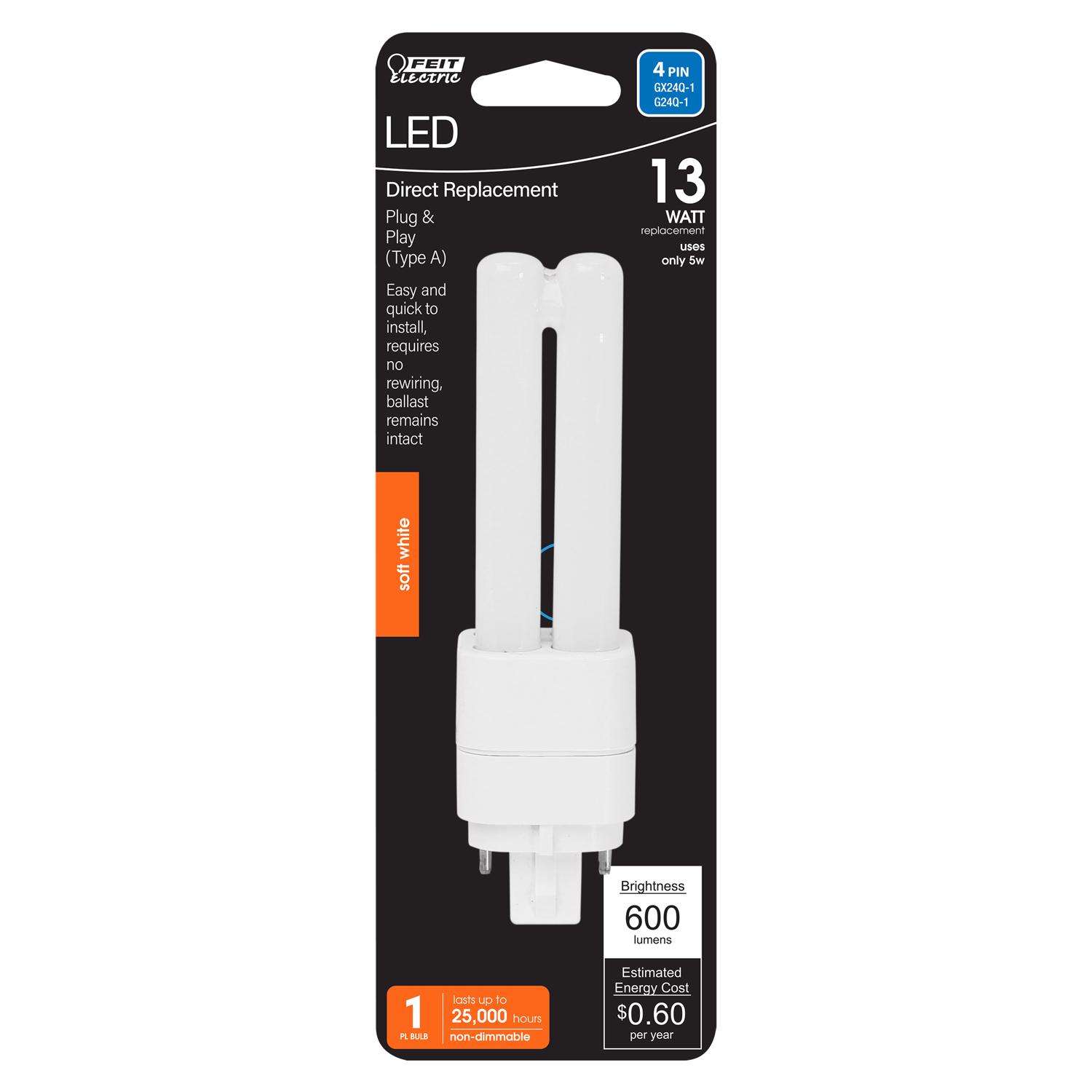 Feit Electric PL GX24Q-1 4 Pin LED Tube Light Soft White 13 Watt ...