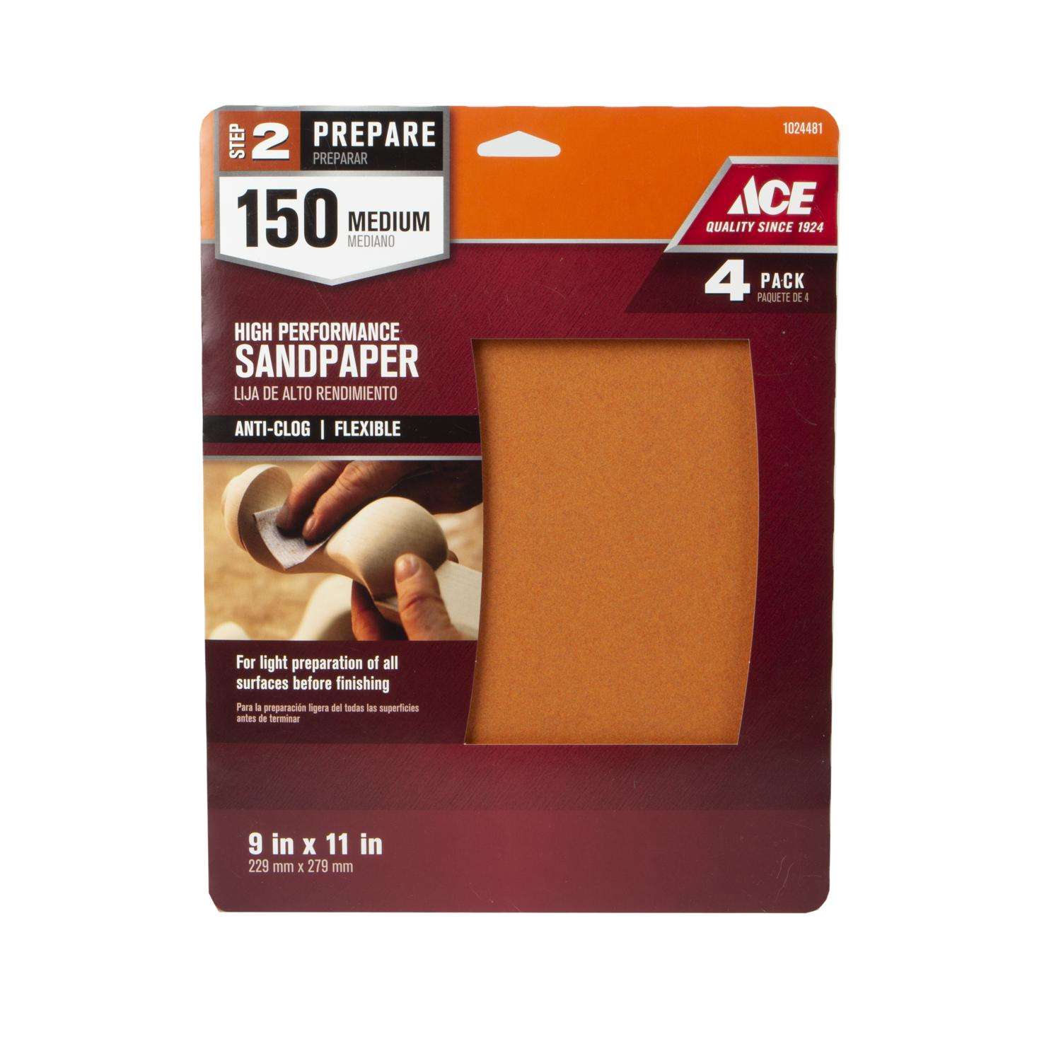 Ace 11 in. L X 9 in. W 150 Grit Aluminum Oxide All Purpose Sandpaper 4 ...