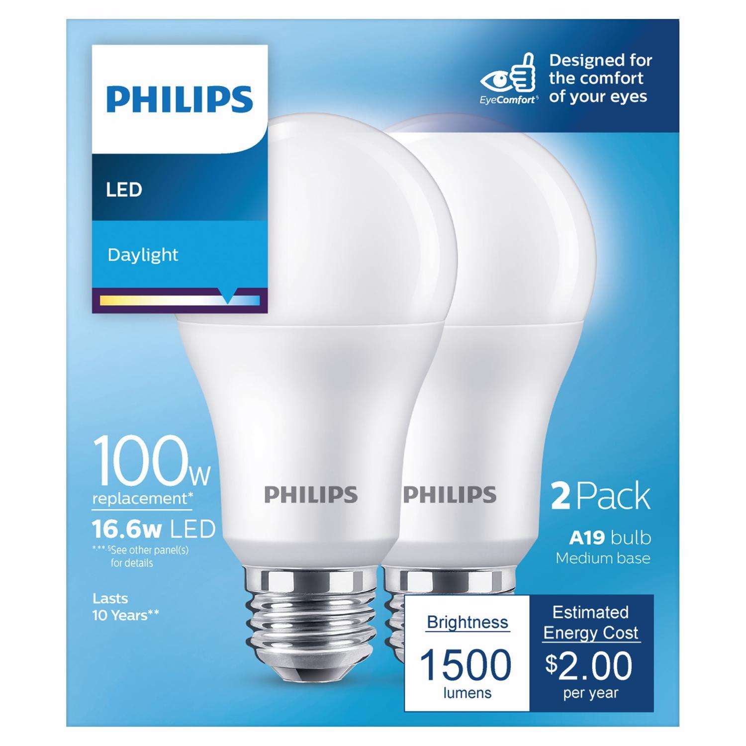 Philips A19 E26 (Medium) LED Bulb Daylight 100 Watt Equivalence 2 pk ...