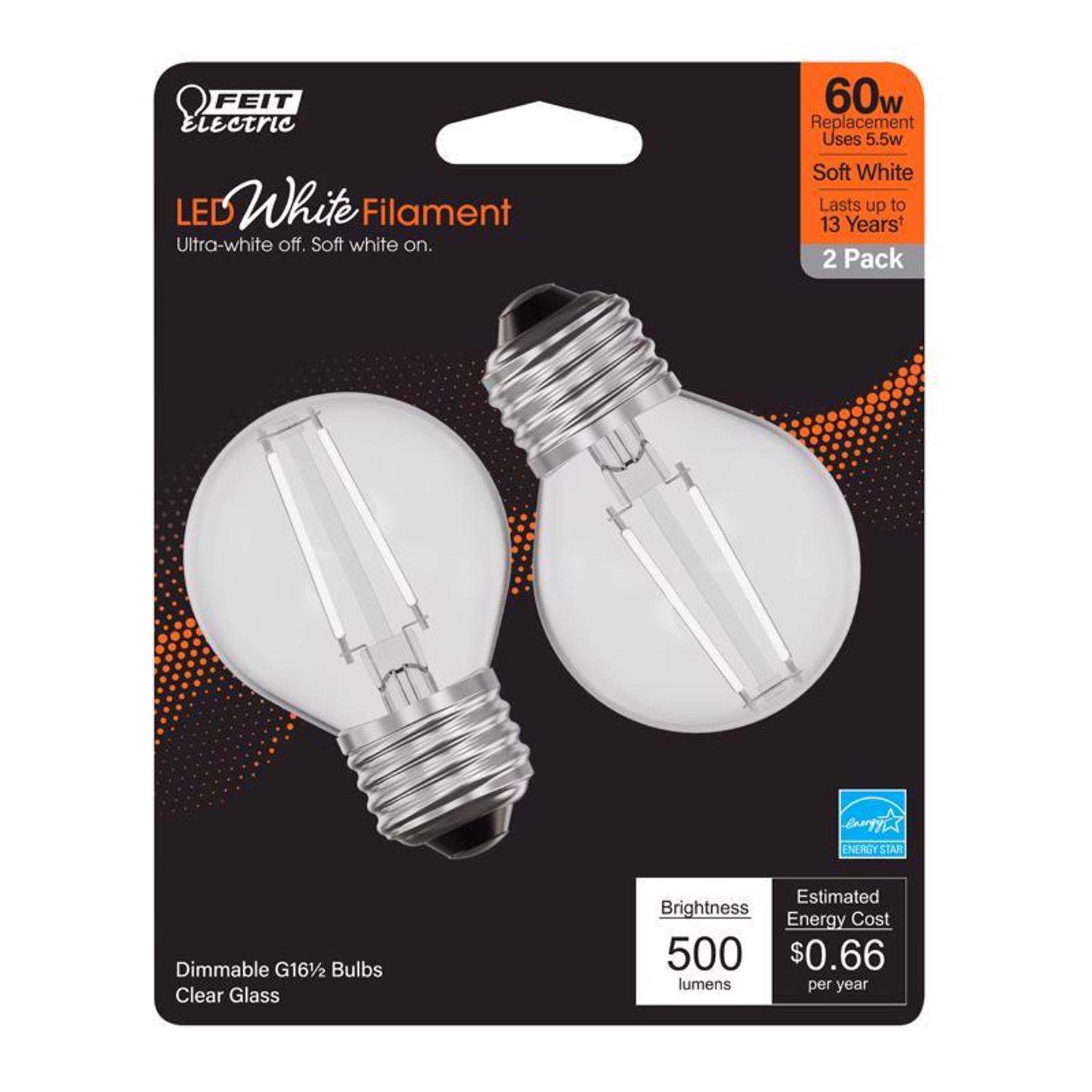 Feit White Filament G16.5 E26 (Medium) Filament LED Bulb Soft White 60 ...