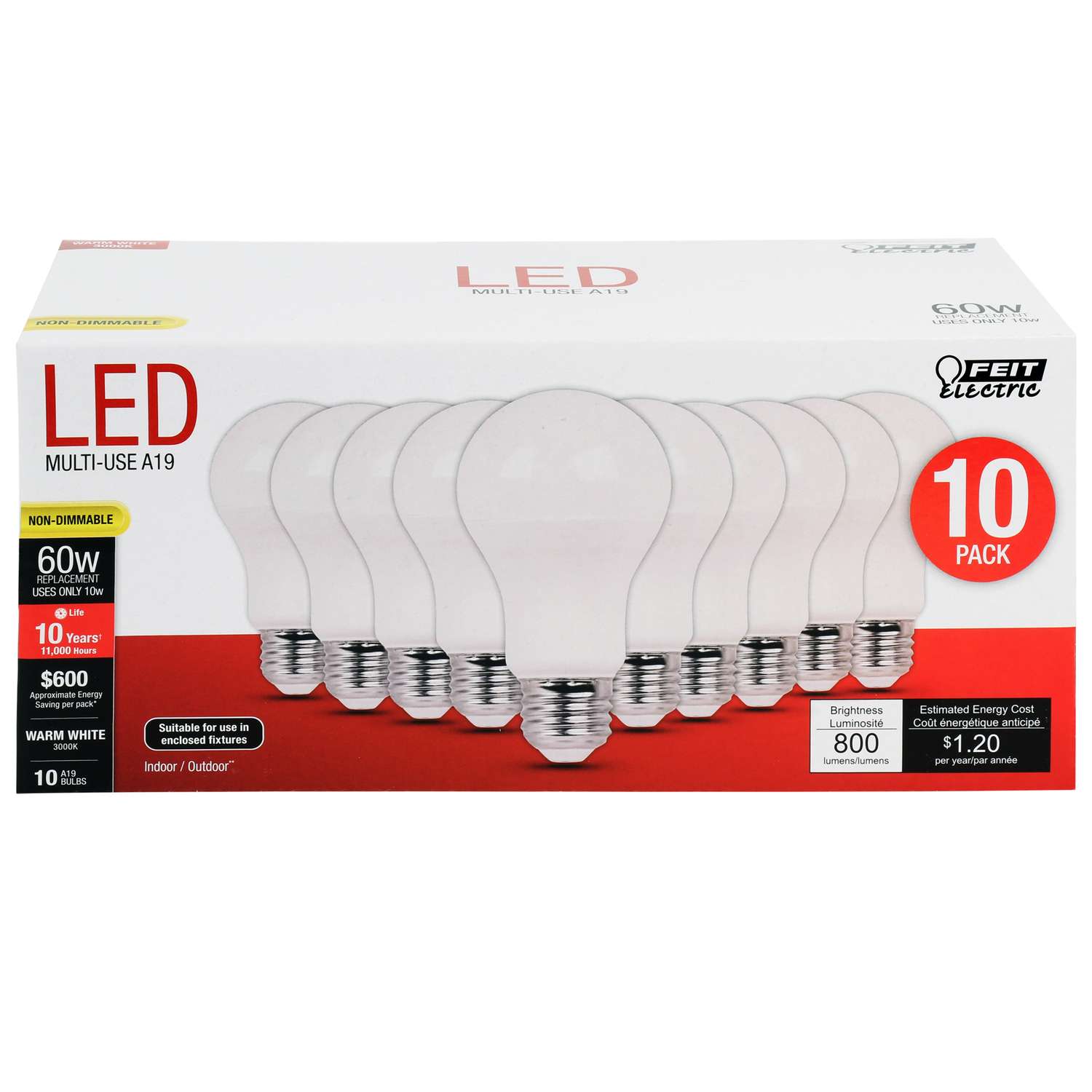 Feit Electric A19 E26 (Medium) LED Bulb Warm White 60 Watt Equivalence 10 pk - Ace Hardware