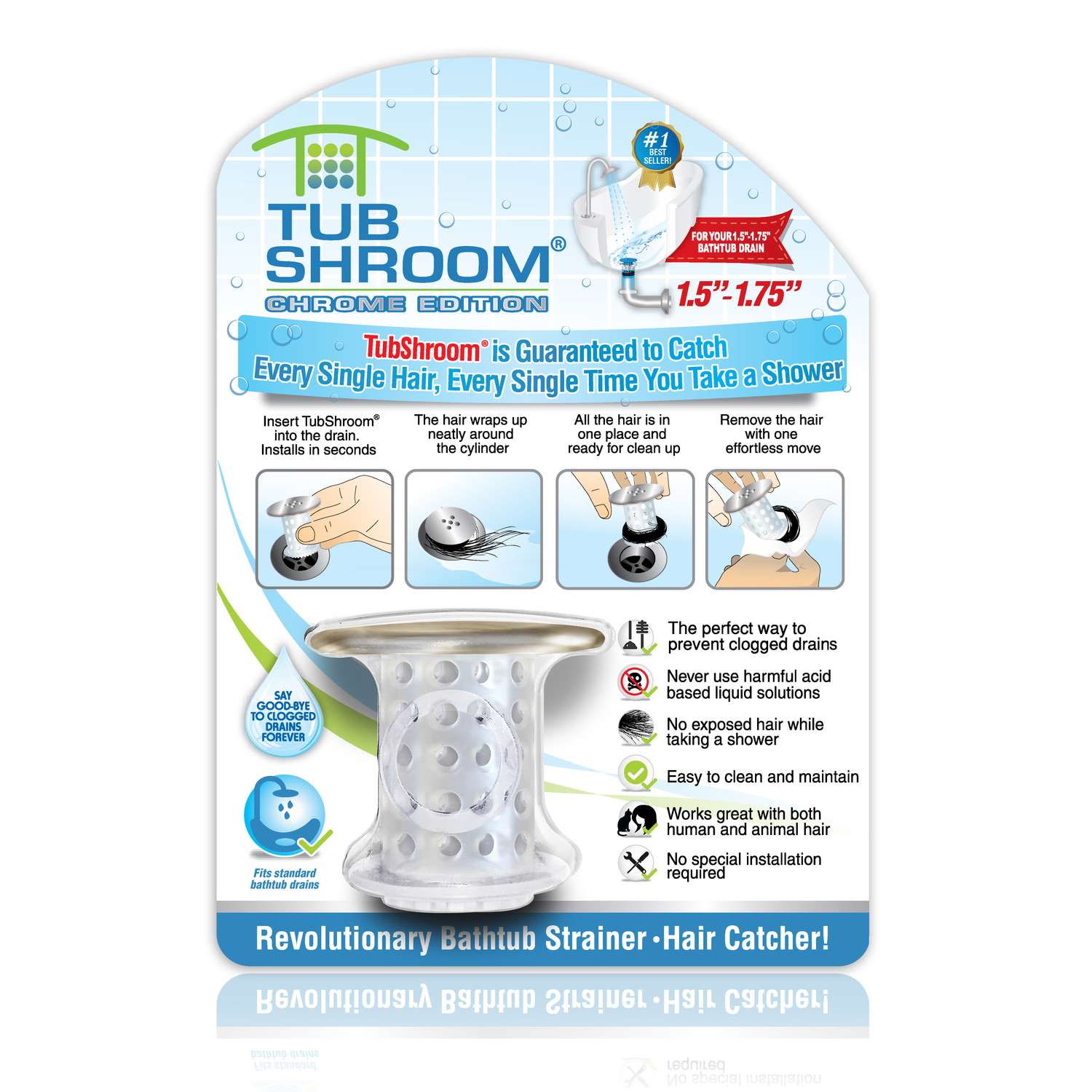 Tub Shroom Chrome Edition 1.75 in. Chrome Plastic No Clog Drain Stopper ...