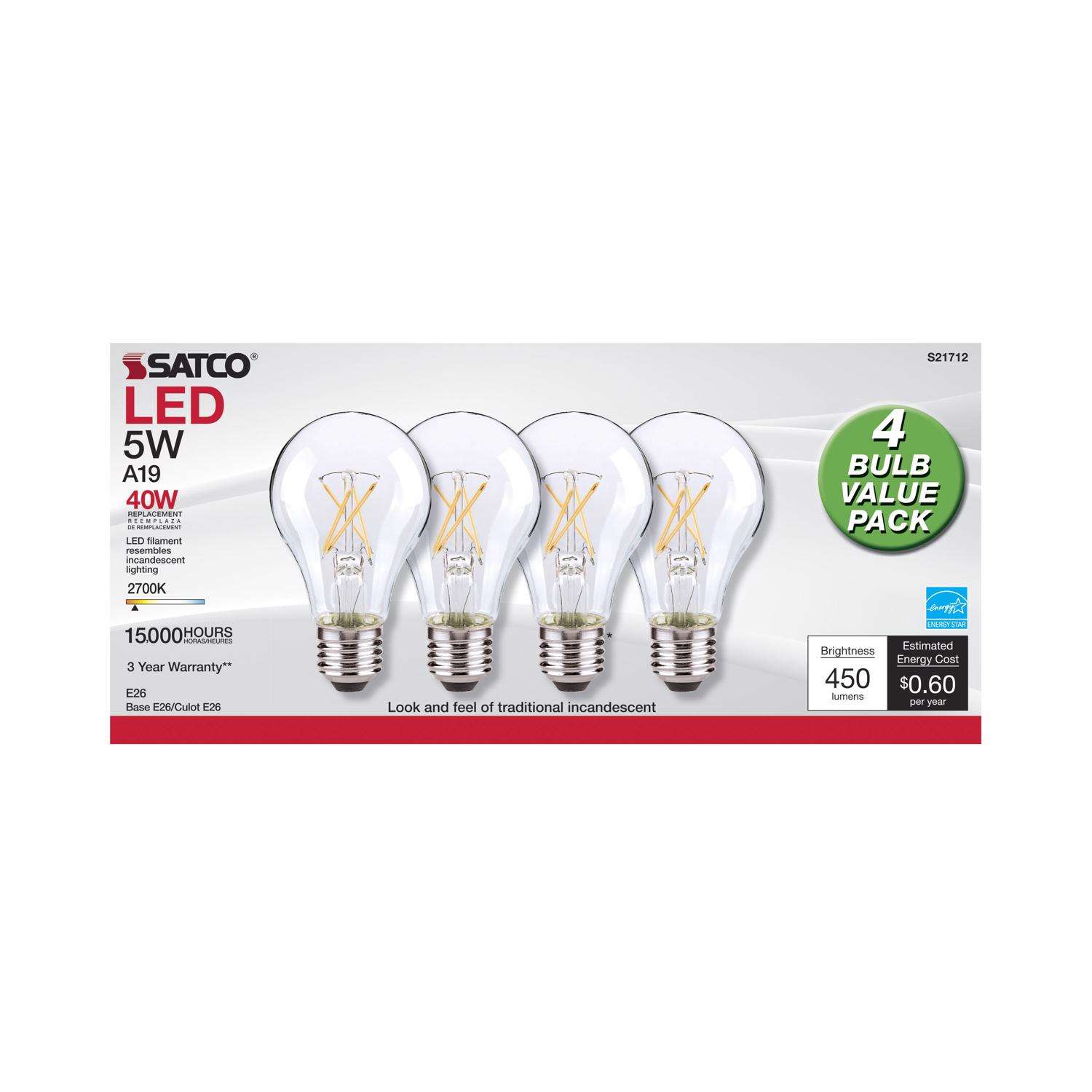 Satco A19 E26 (Medium) Filament LED Bulb Warm White 40 Watt Equivalence ...