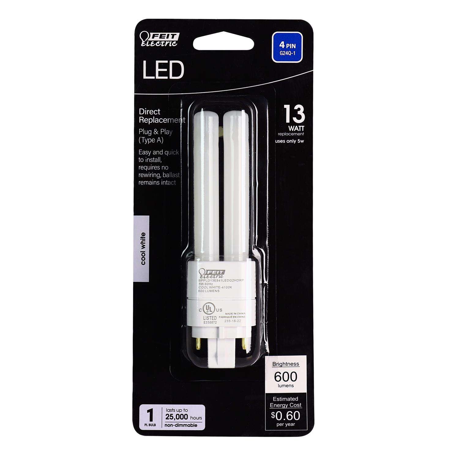 Feit Electric PL G24Q-1 4 Pin LED Light Bulb Cool White 13 Watt ...