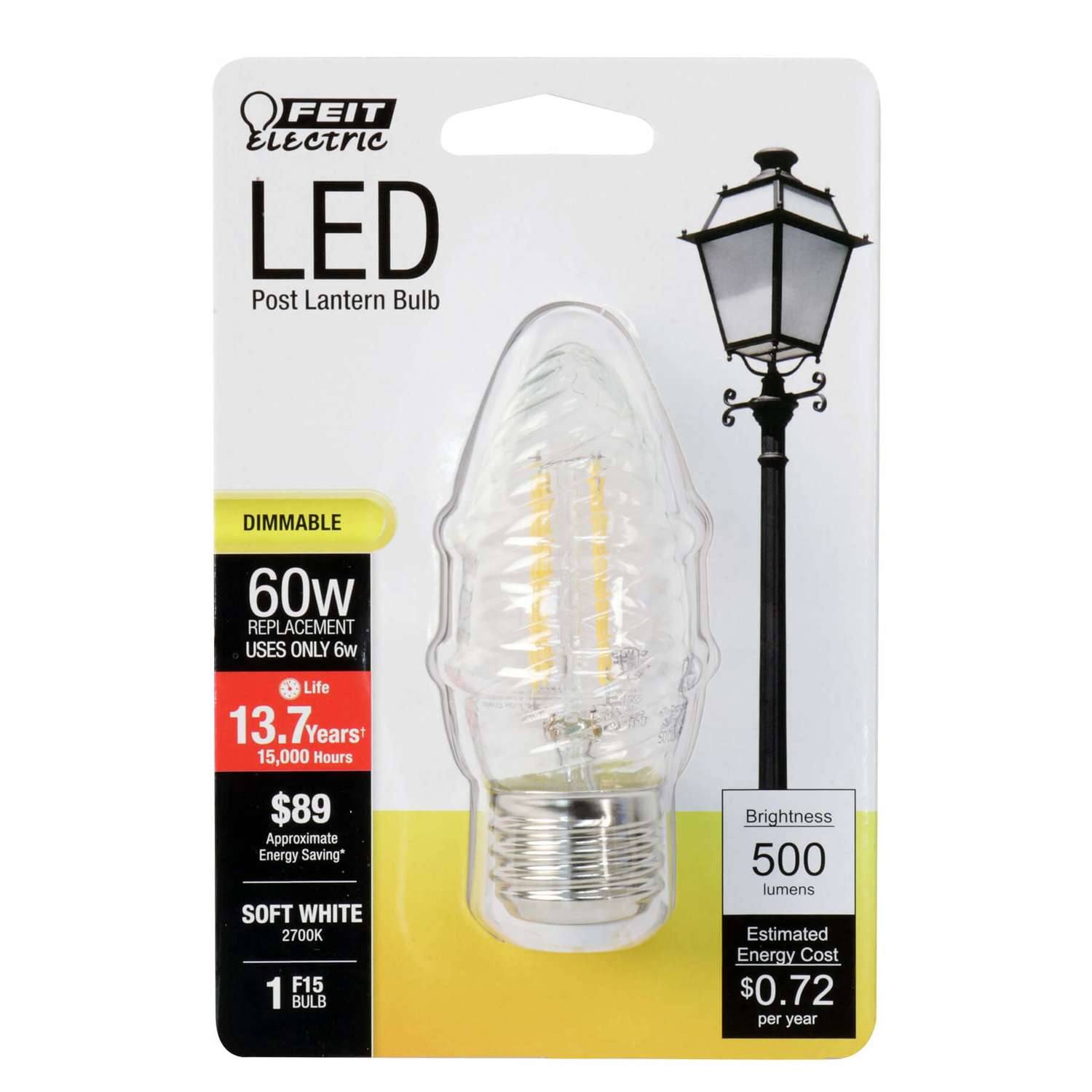 Feit Electric F15 E26 (Medium) Post Lantern LED Bulb Soft White 60 Watt ...