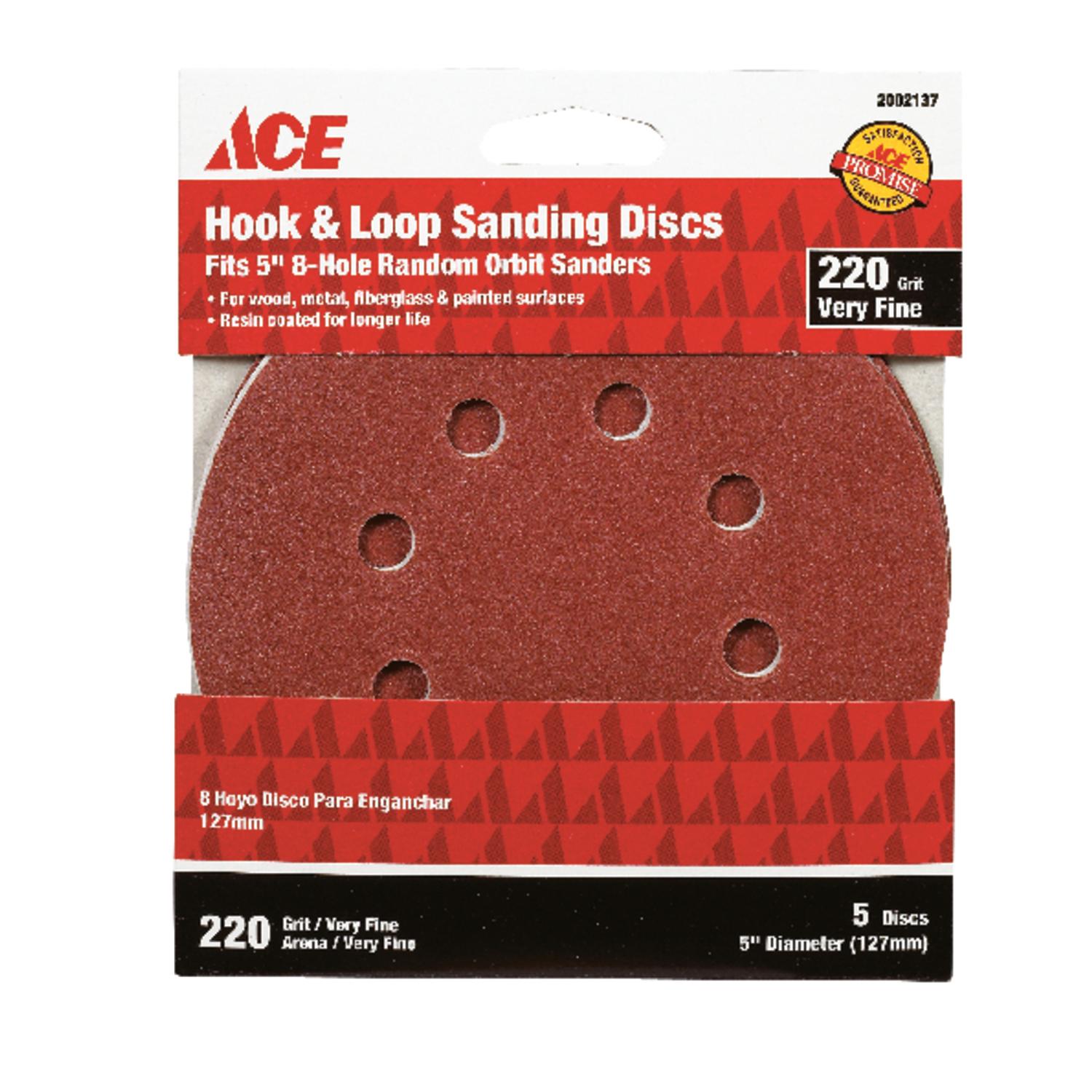Ace 5 in. Aluminum Oxide Hook and Loop Sanding Disc 220 Grit Very Fine ...